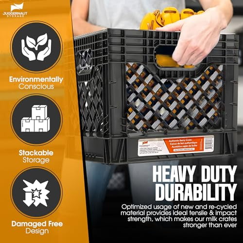 Juggernaut 16 Quart Storage Crate, Milk Crate Plastic Basket w/ 4 ...