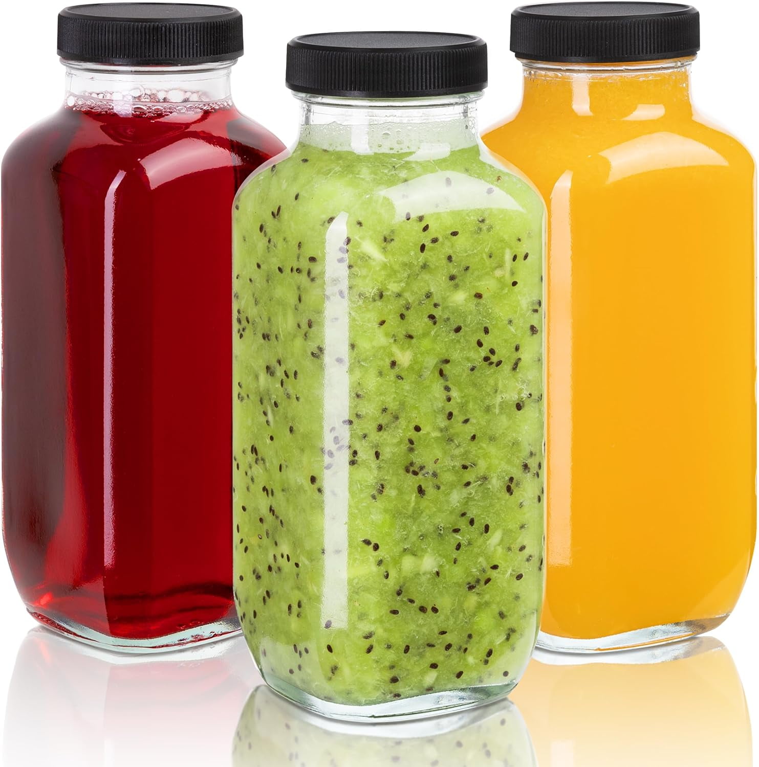 Juice Bottles with Lids, 16 Oz - Set of 3 - Clear Glass Jars with Caps ...