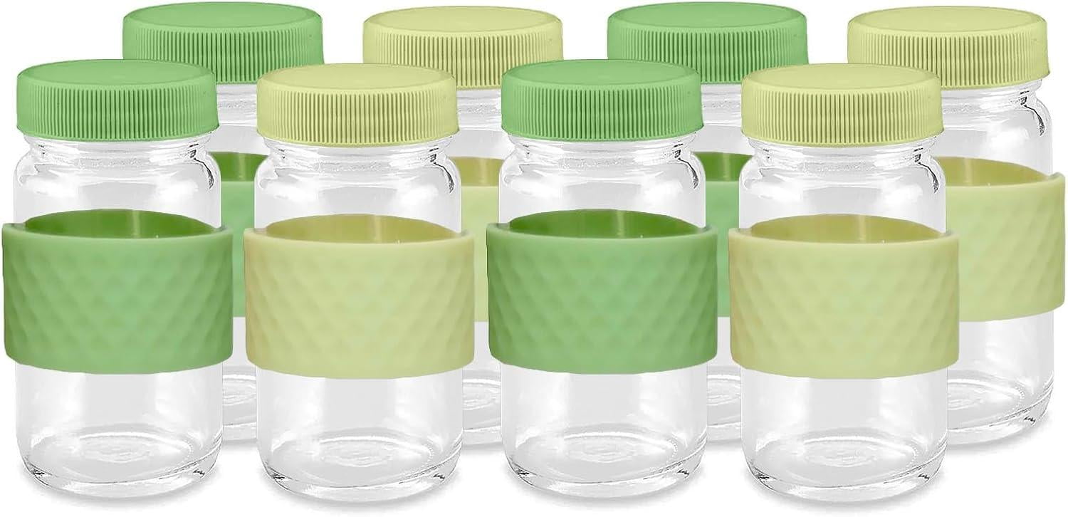 Juice Shot Containers, Glass, Clear, 2oz, Colored Lids & Silicone Grip ...
