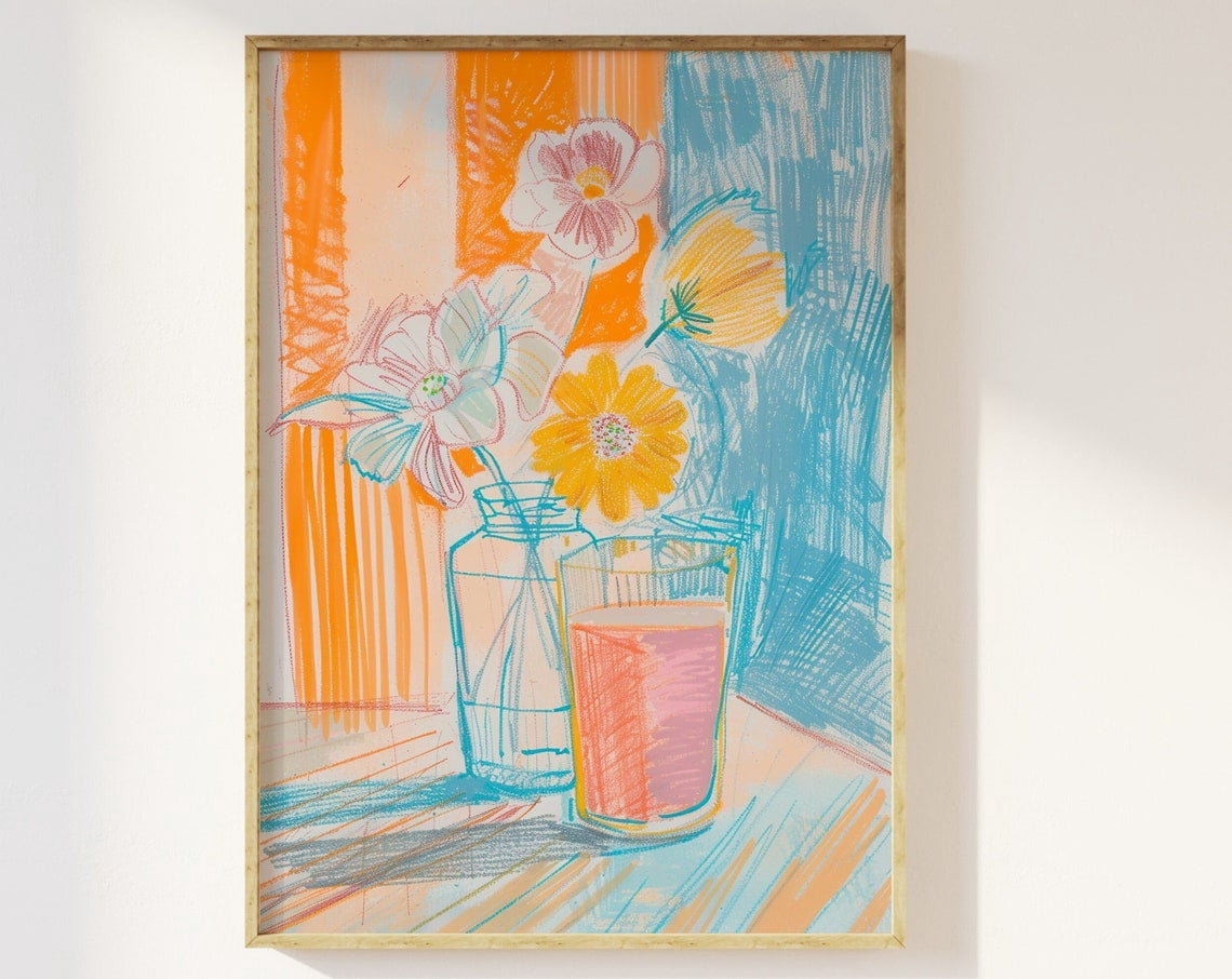 Juice And Vase Cute Kitchen Artistic Print, Dopamine Decor Pastels ...