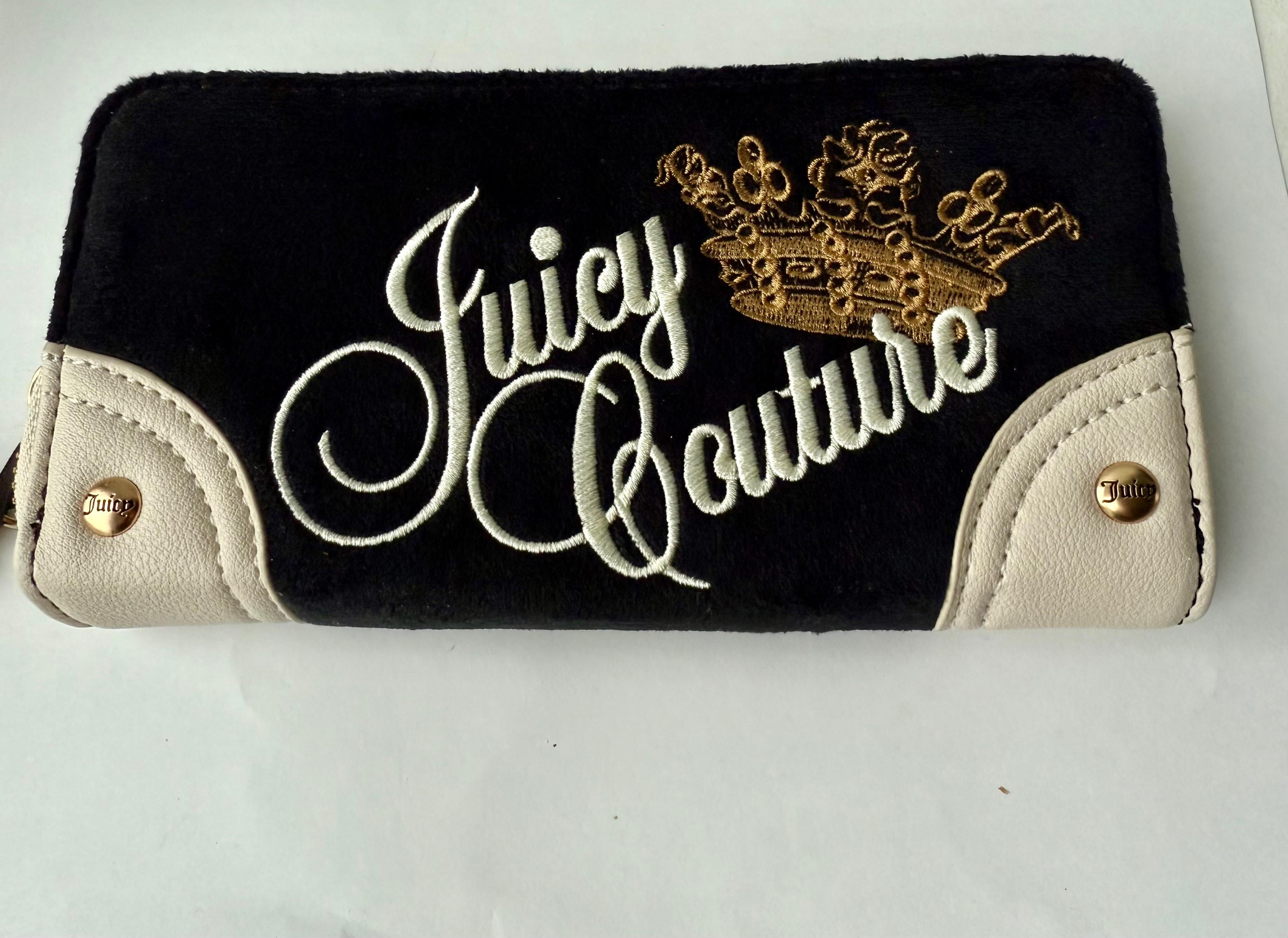 Juicy Couture Black Velvet Wallet with Gold Embroidery & Heart Charms ...