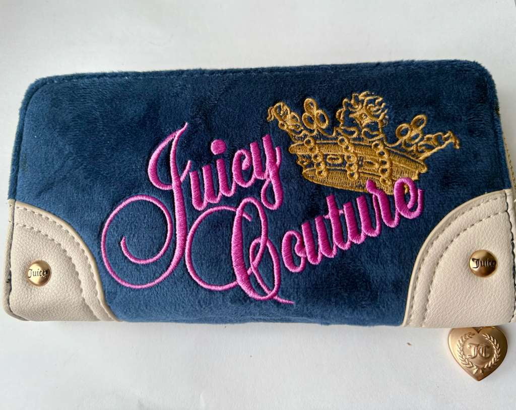 Juicy Couture Blue Velvet Wallet with Gold Embroidery & Heart Charms ...