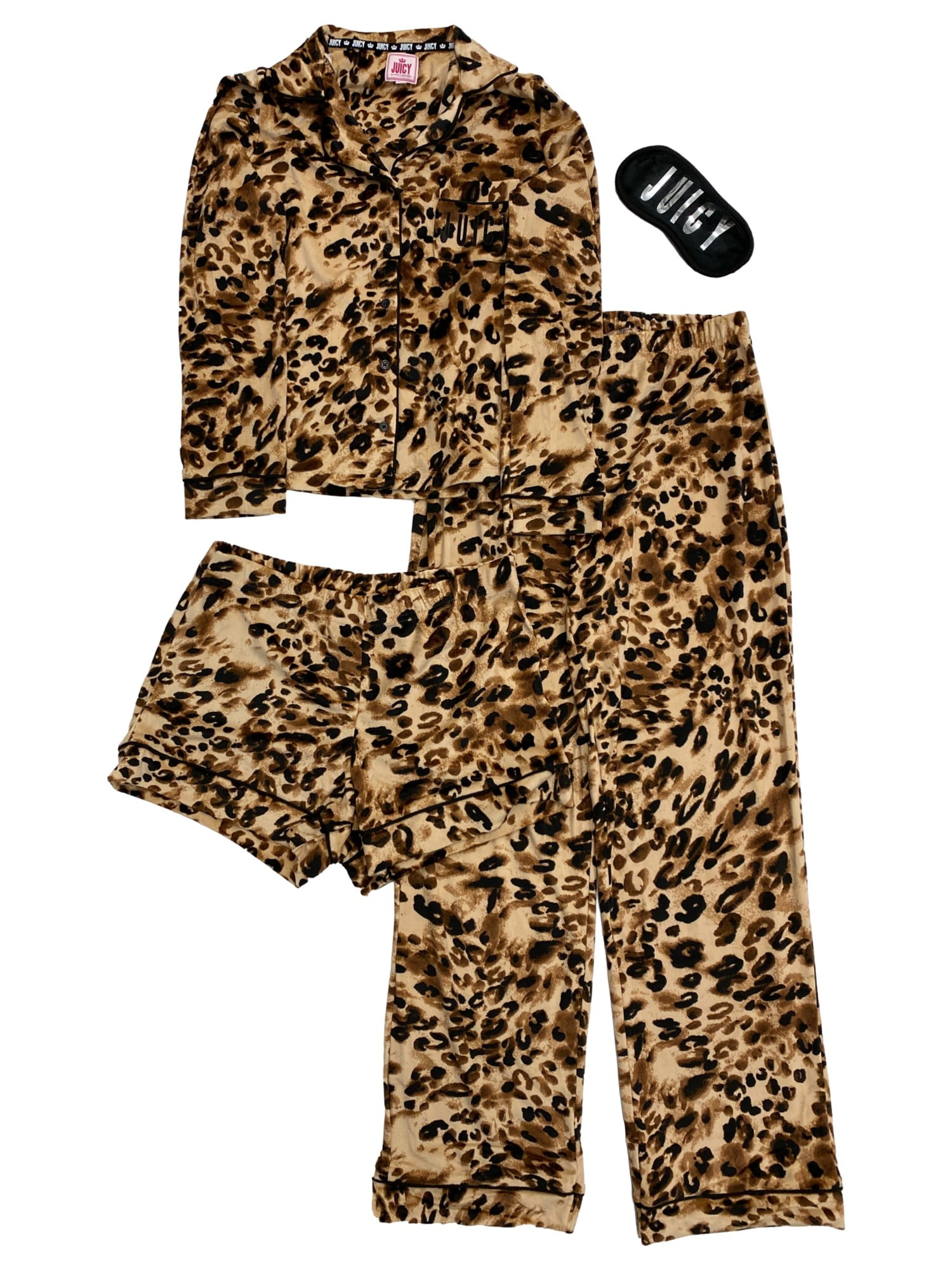 Juicy Couture Womens Plush Leopard Pajamas Shorts Pants Top mask Set X ...