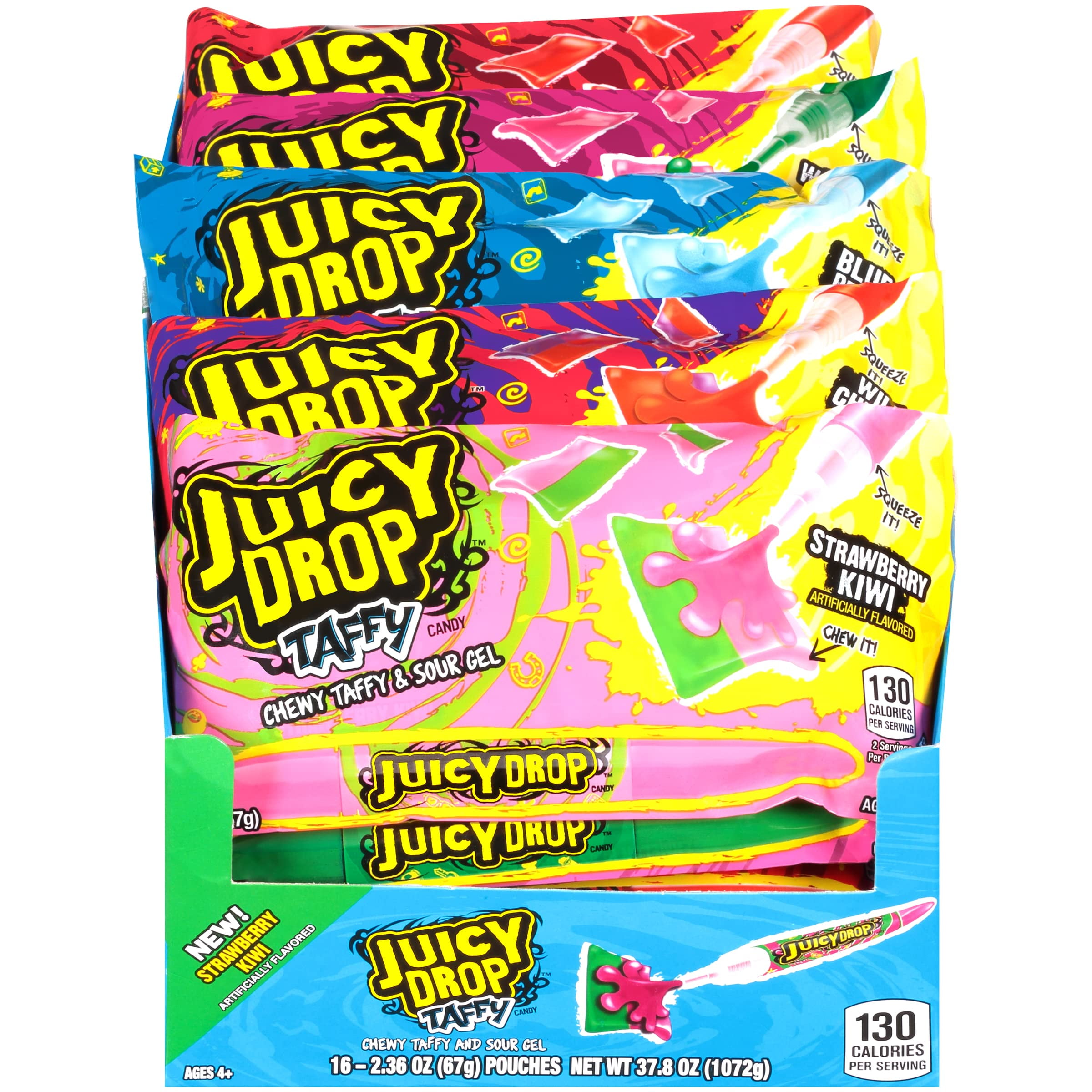 Juicy Drop Taffy Variety BCF26 Pack, Assorted Flavors Sweet Chewy Candy with Sour Gel Pen, 16 ...
