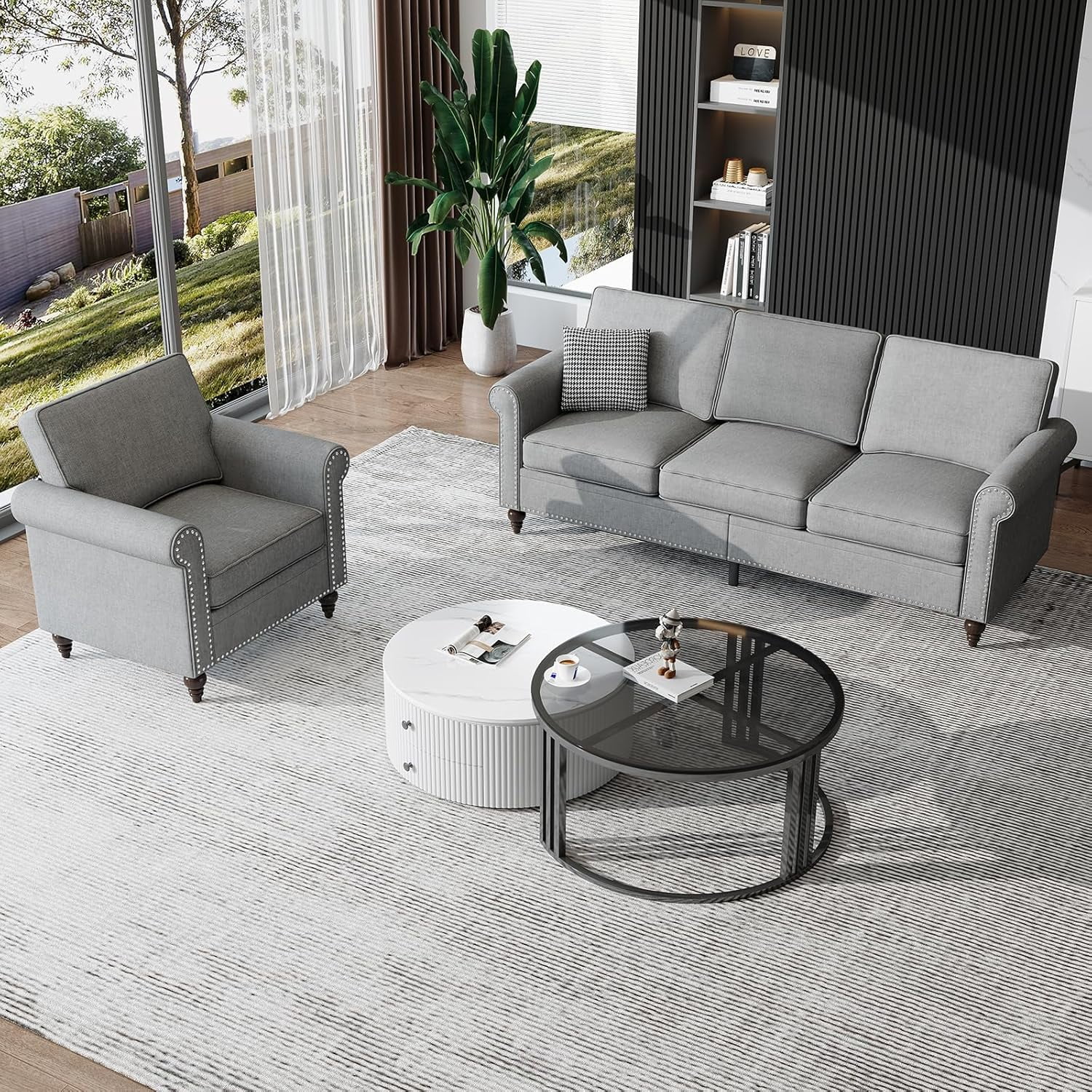 Juicyme 2 Piece Sofa Set for Living Room, Linen Fabric 3 Seater Sofa ...