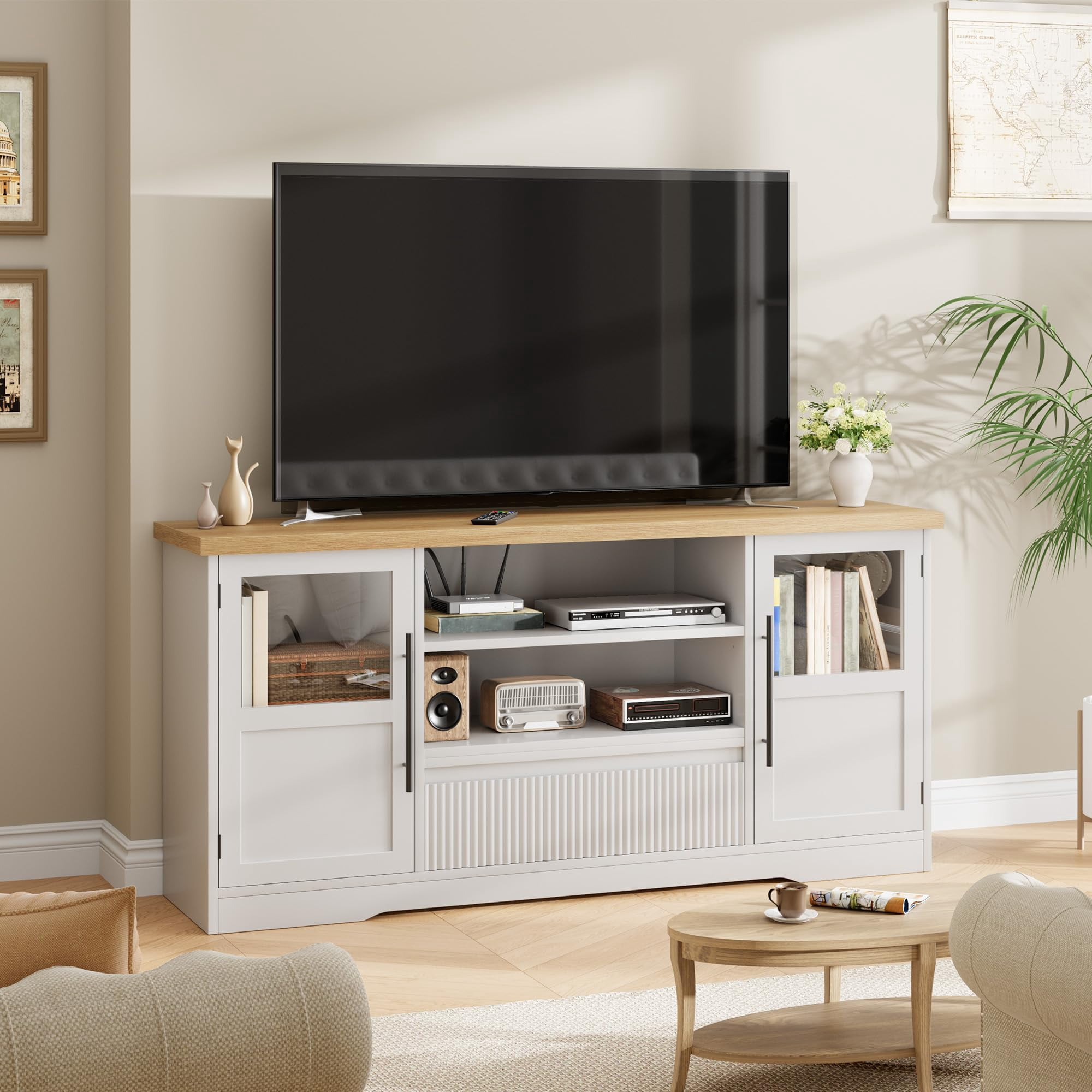Juiluna 63 in Farmhouse TV Stand for TVs Up to 72 in, Wave Pattern ...