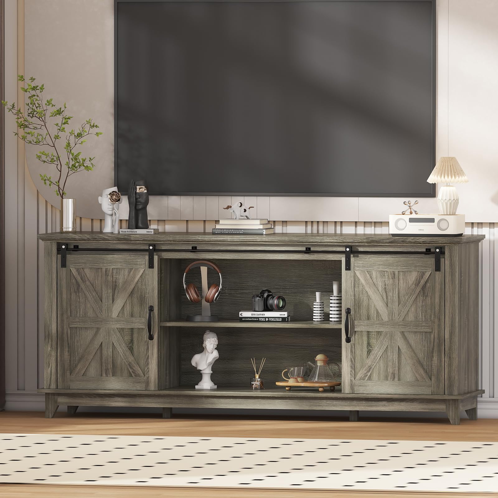 Juiluna 66" Farmhouse TV Stand for 75" Television, Rustic Wood ...