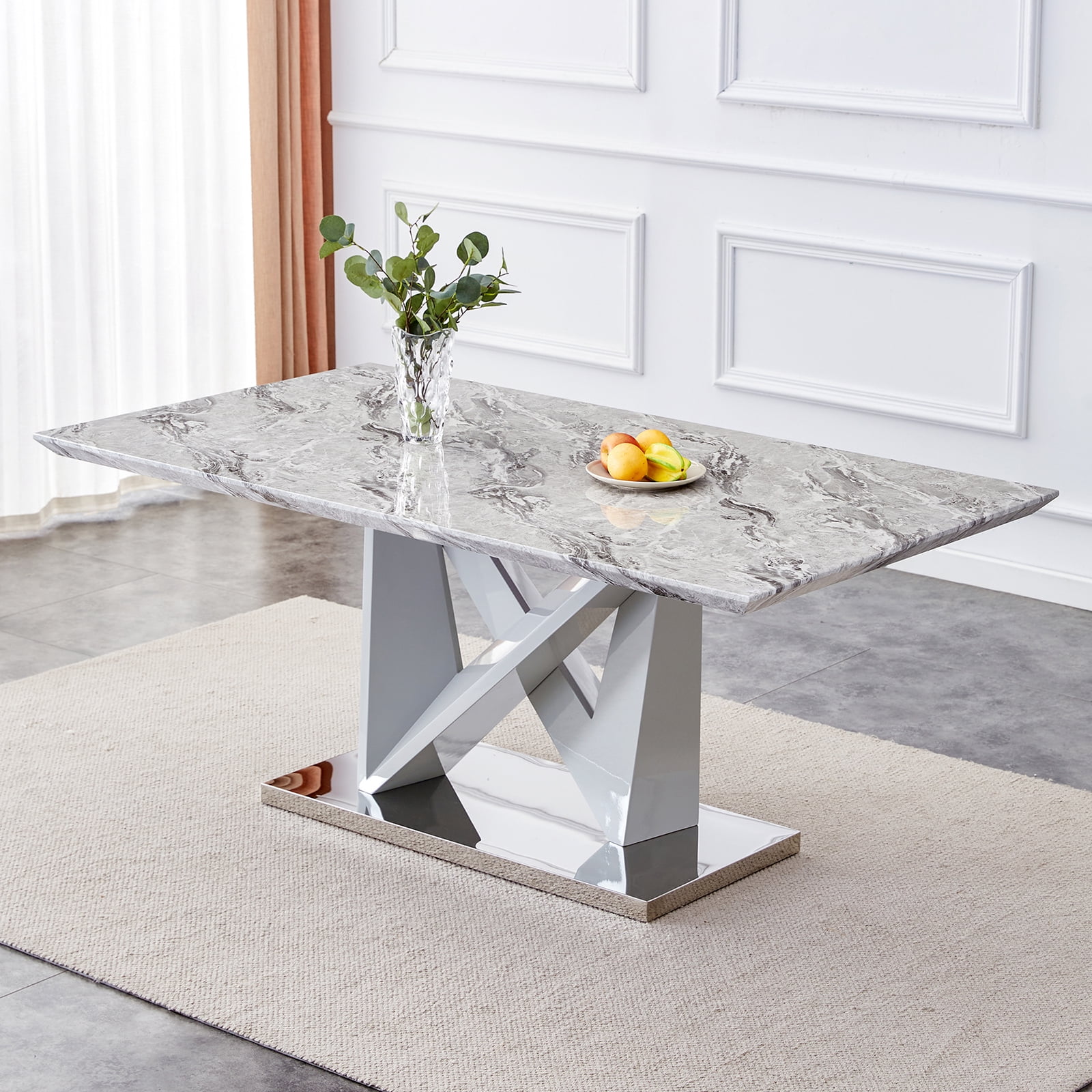 Juiluna Artificial Marble Dining Table, Modern Dining Table With Double ...