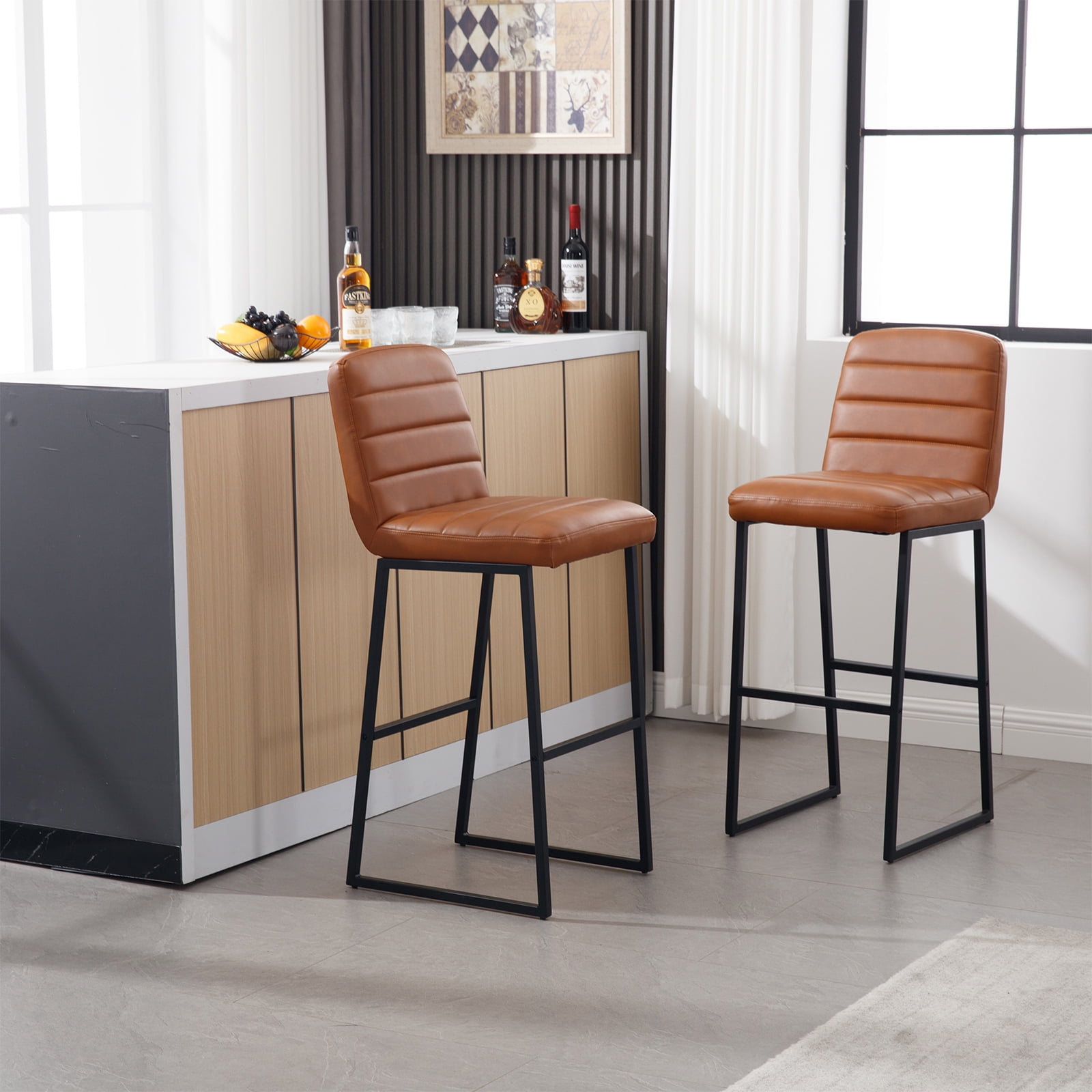 Juiluna Bar Stools Set of 2 with Back,Upholstered PU Leather/Linen ...