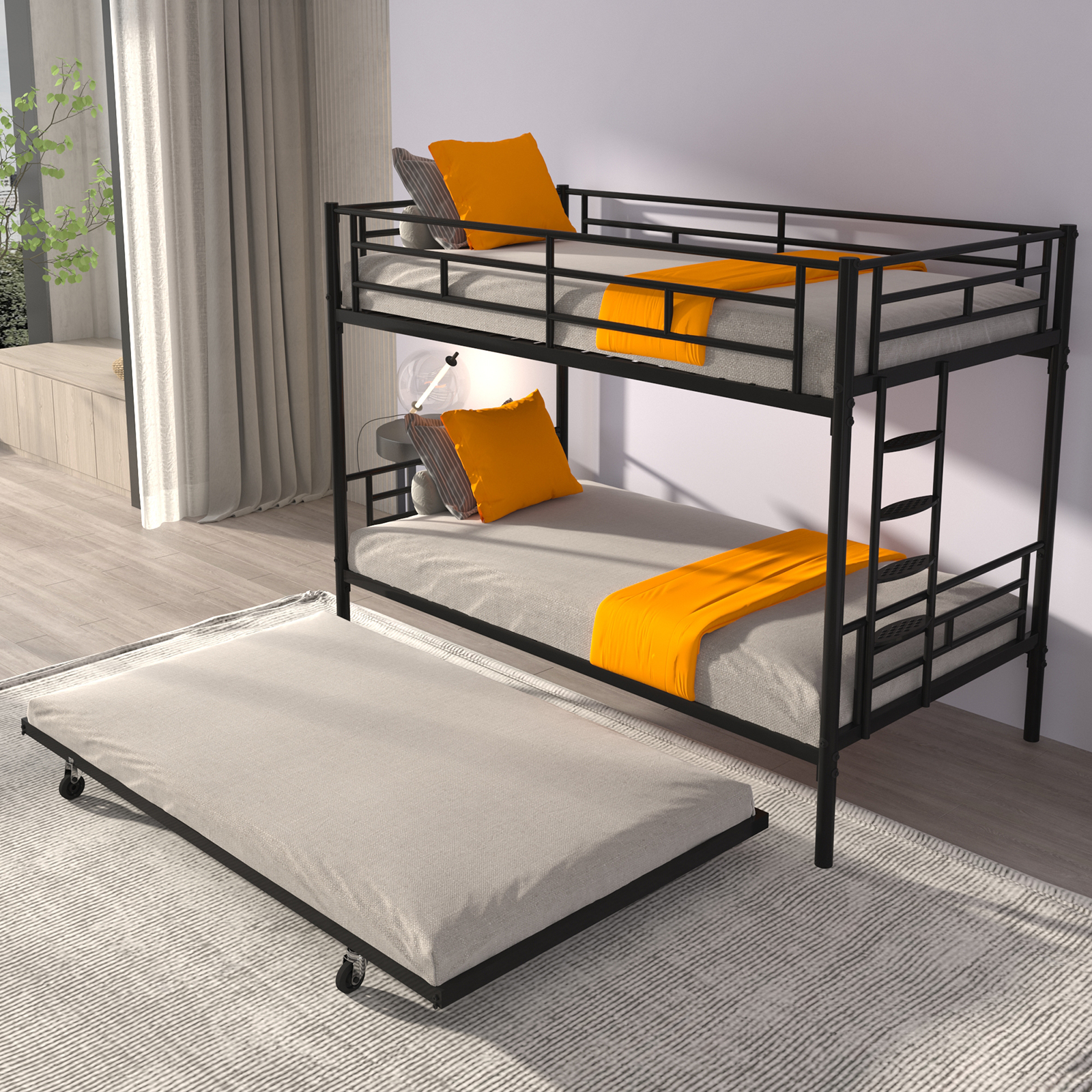 Juiluna Bunk Beds with Trundle Metal Bunkbed with Sturdy Guard Rail ...