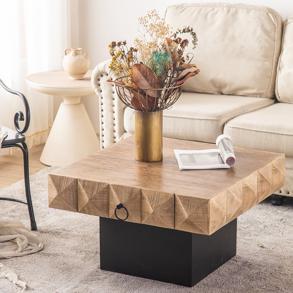 Juiluna Coffee Table, Embossed Pattern Square Retro Coffee Table With ...