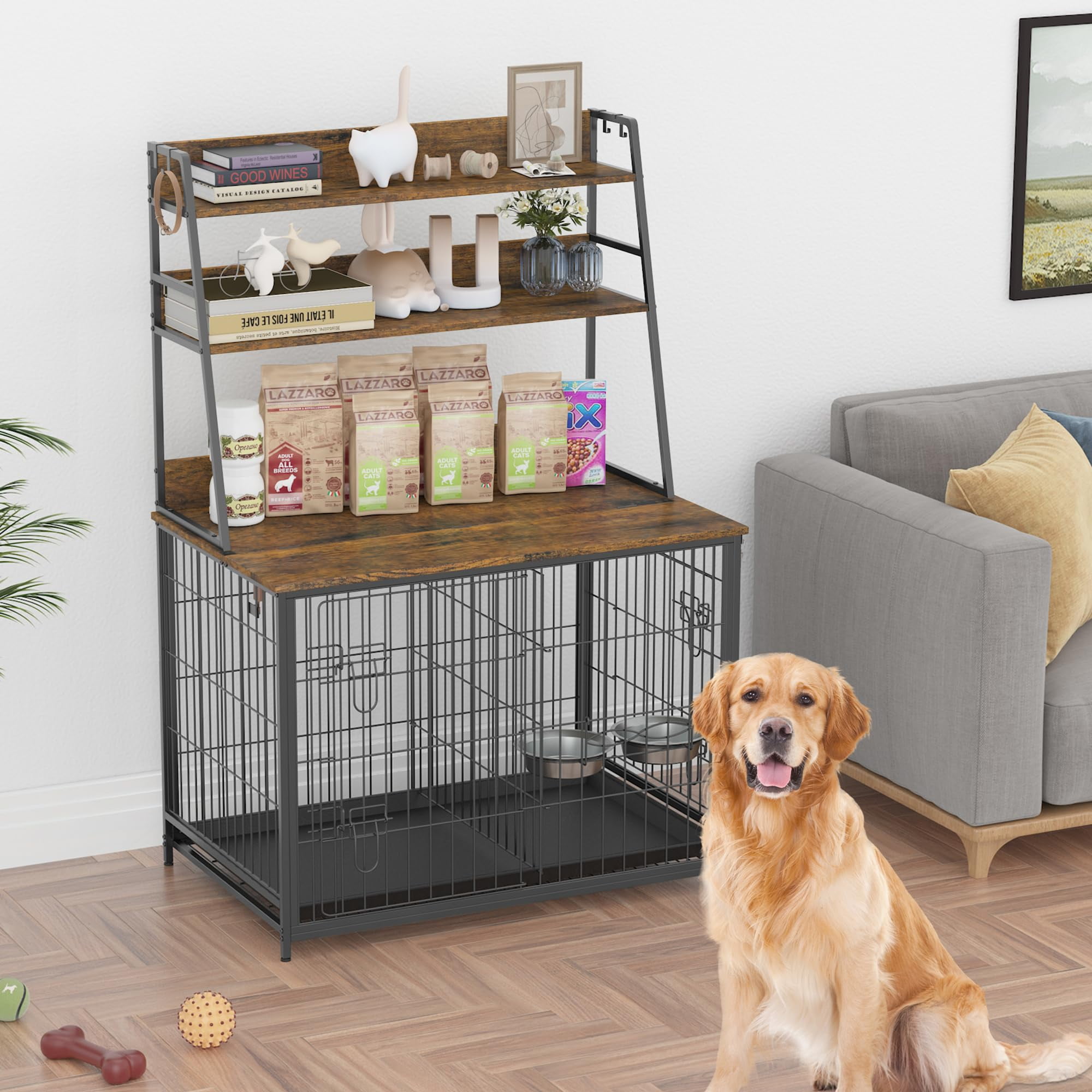 Juiluna Dog Crate Furniture with Storage Shelves,Wooden Dog Kennel with ...