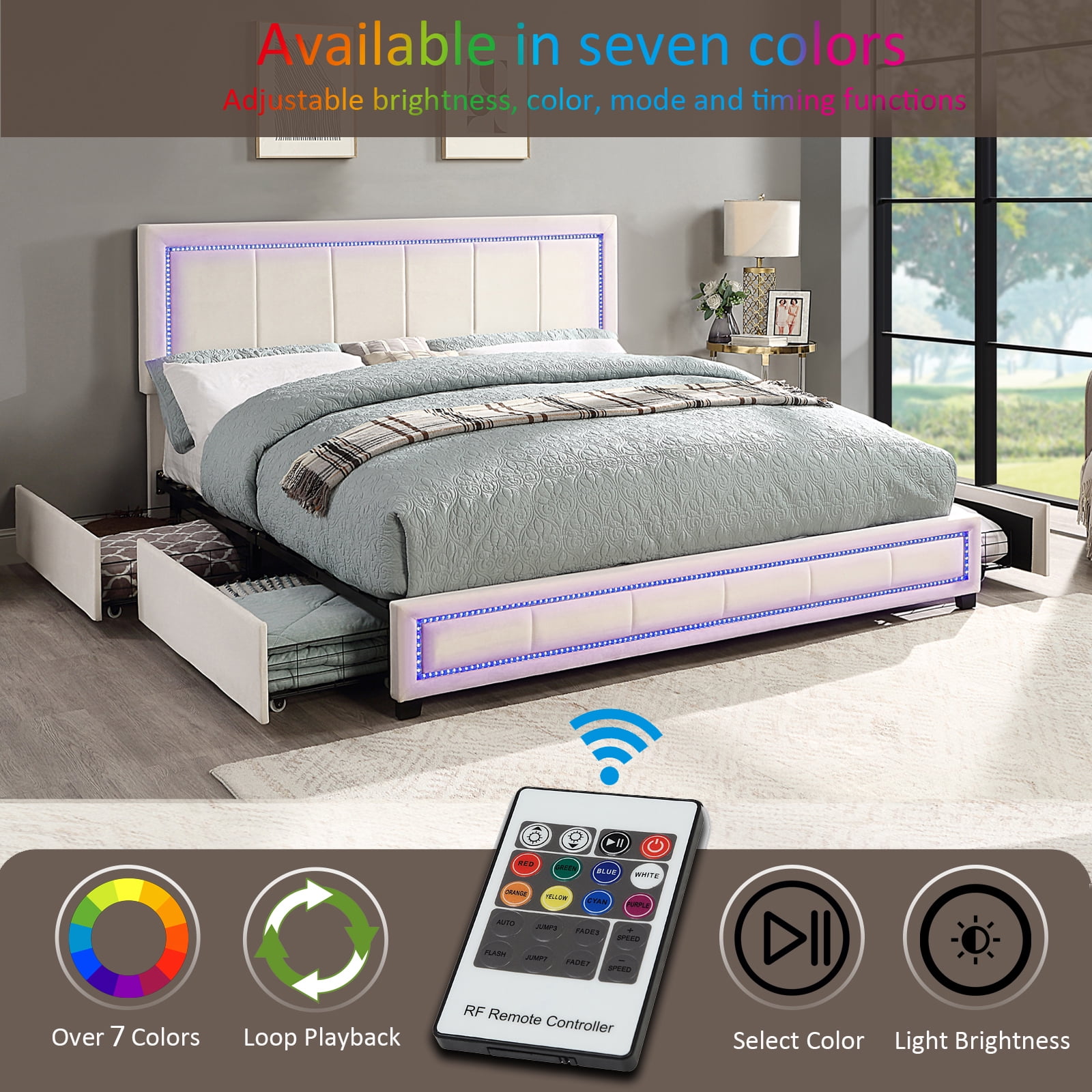 Juiluna Eastern King Size Platform Bed With LED Lights, Upholstered In ...