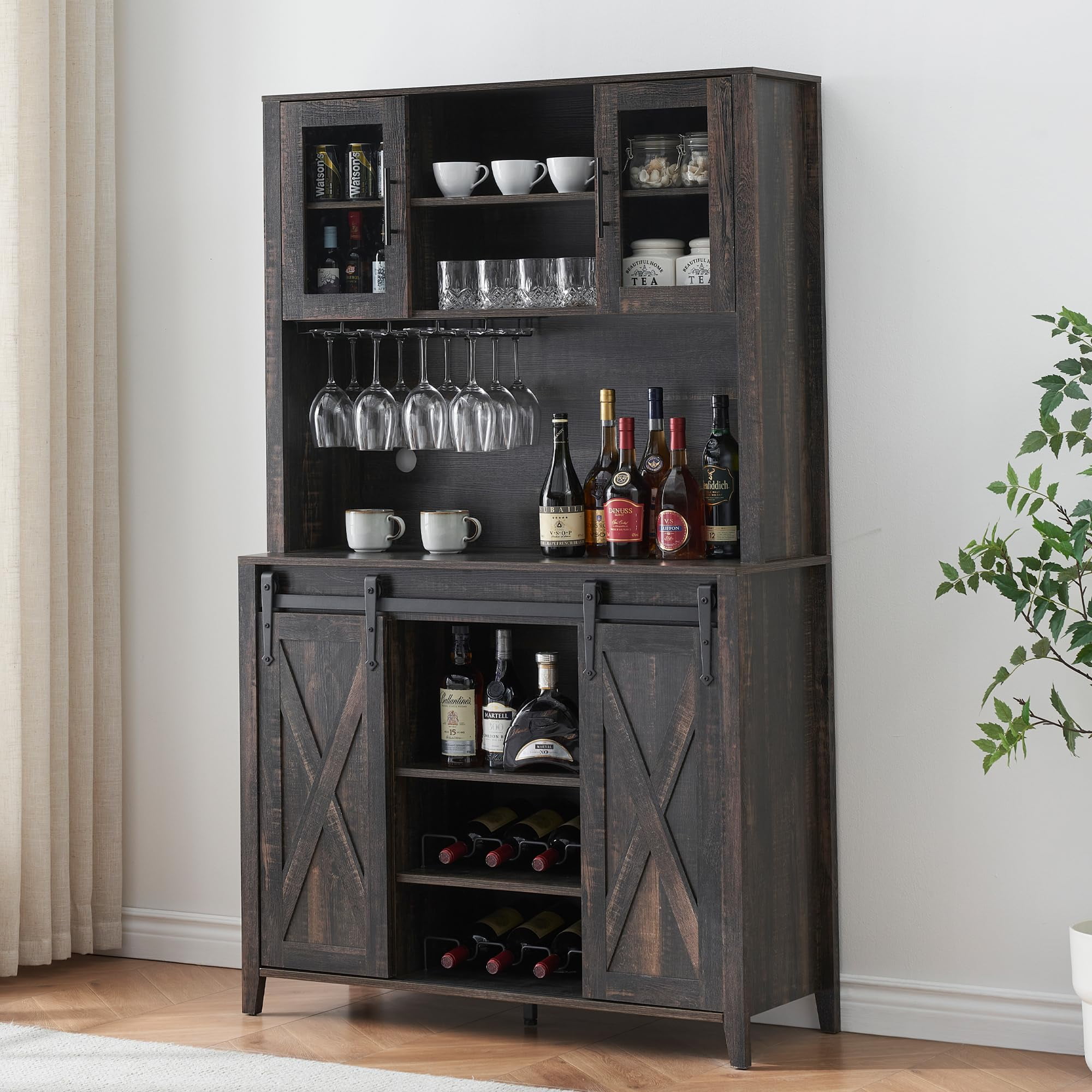 Juiluna Farmhouse Coffee Bar Cabinet with Sliding Barn Door, 70" Tall ...