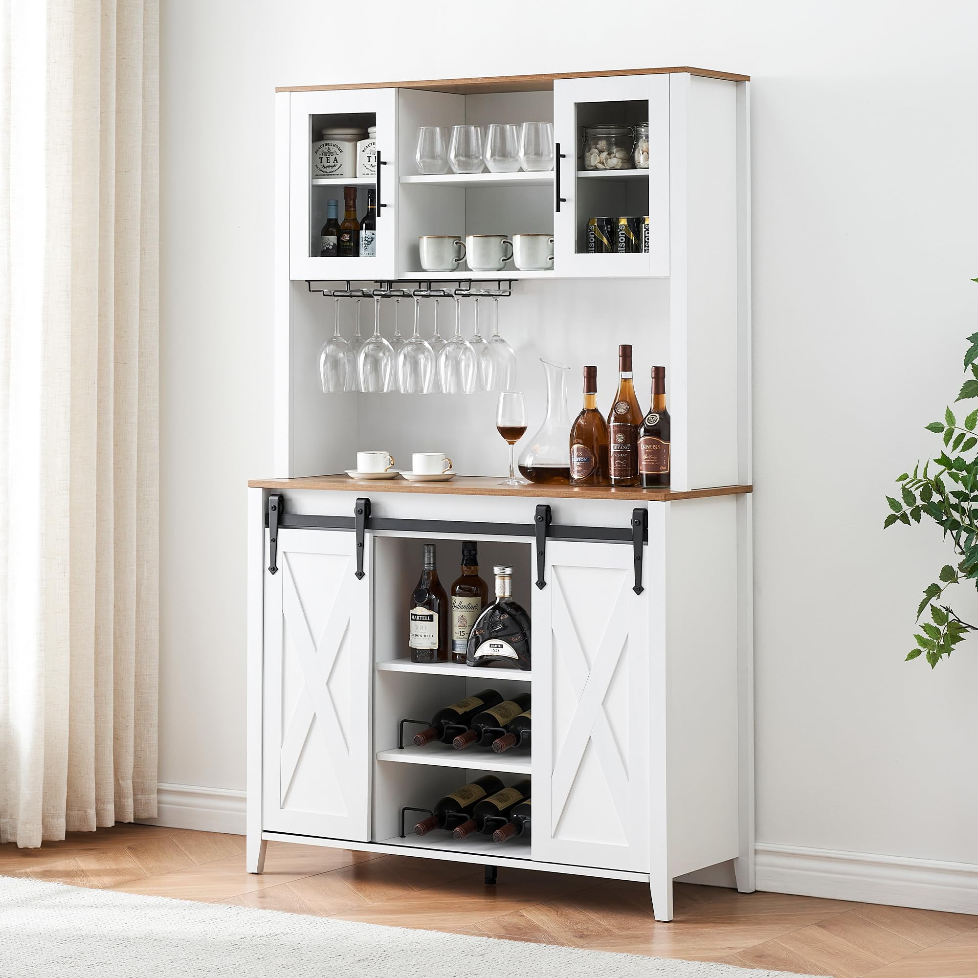 Juiluna Farmhouse Coffee Bar Cabinet with Sliding Barn Door, 70" Tall ...