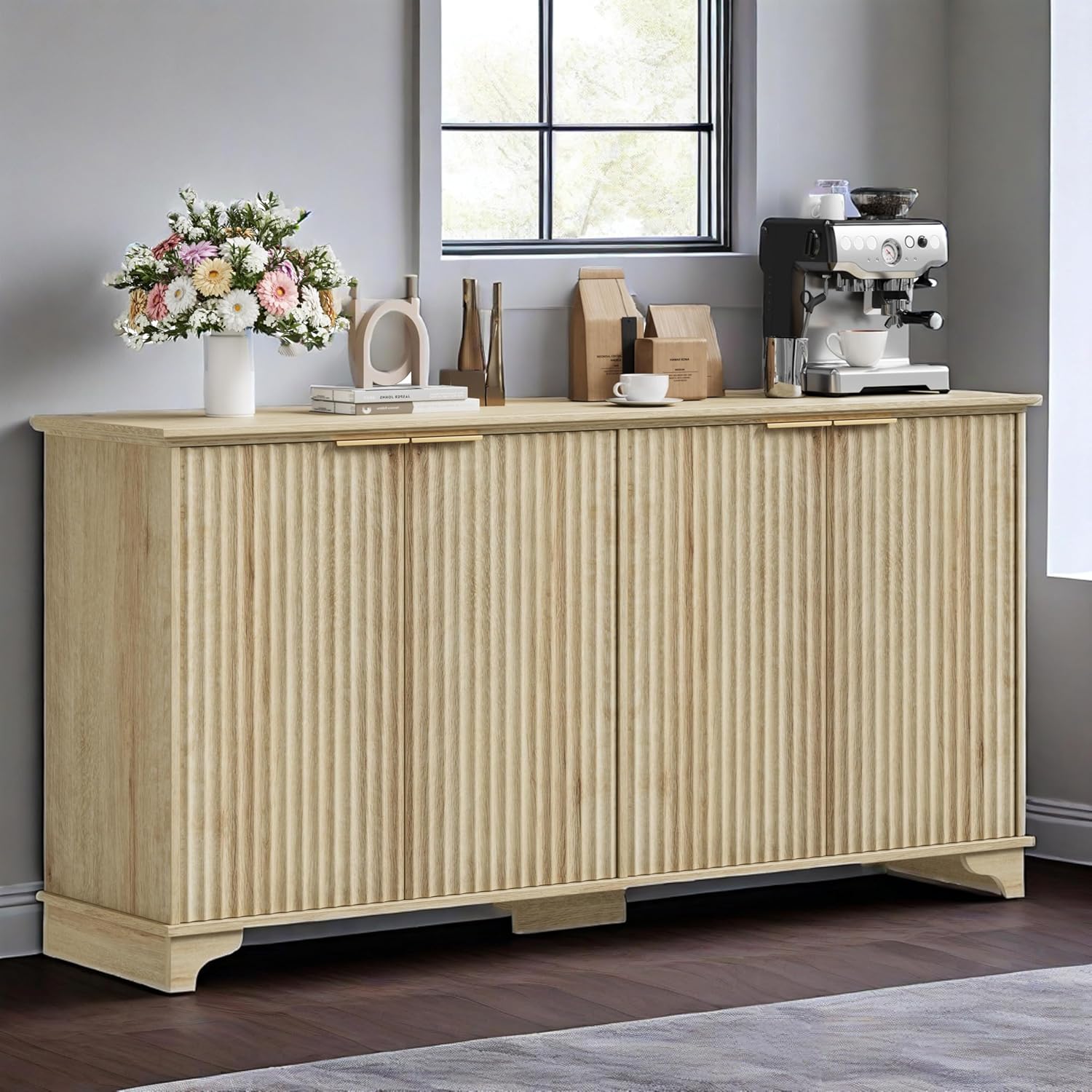 Juiluna Fluted Sideboard Buffet Cabinet with Storage, 4 Door Kitchen ...