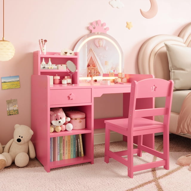 Juiluna Kids Vanity with Lighted Mirror, 2 in 1 Princess Vanity Set ...