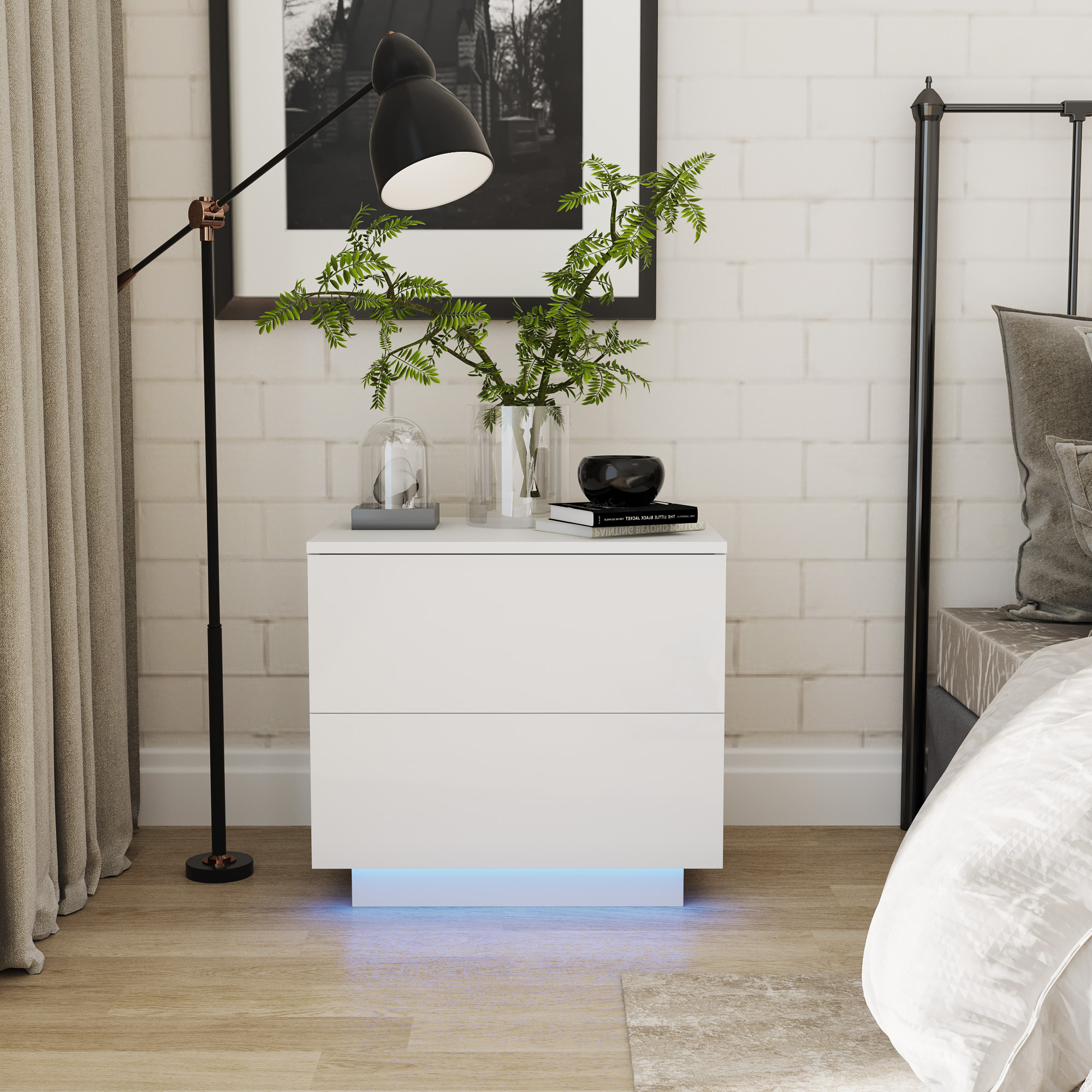 Juiluna LED Nightstand With 2 Drawers, LED Lights High Gloss UV ...