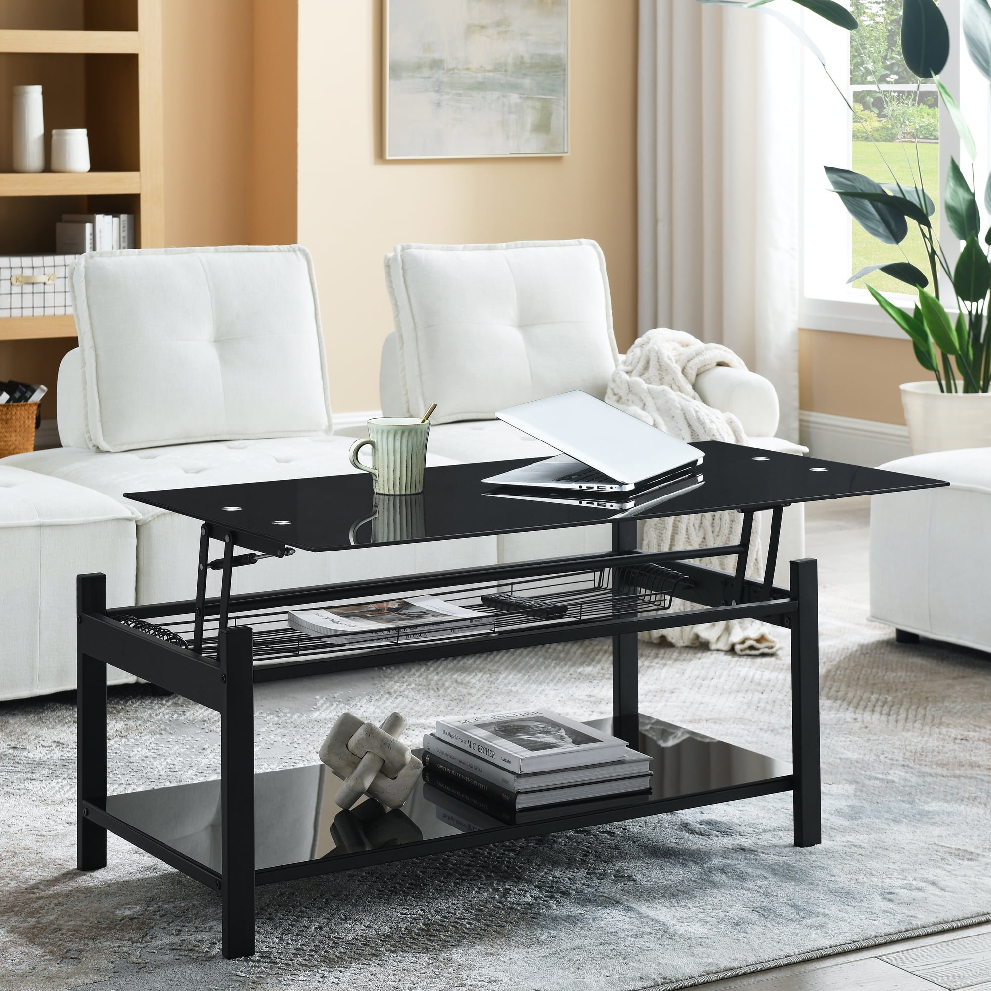 Juiluna Lift Top Coffee Table Tempered Glass Top With Hidden Dividers ...