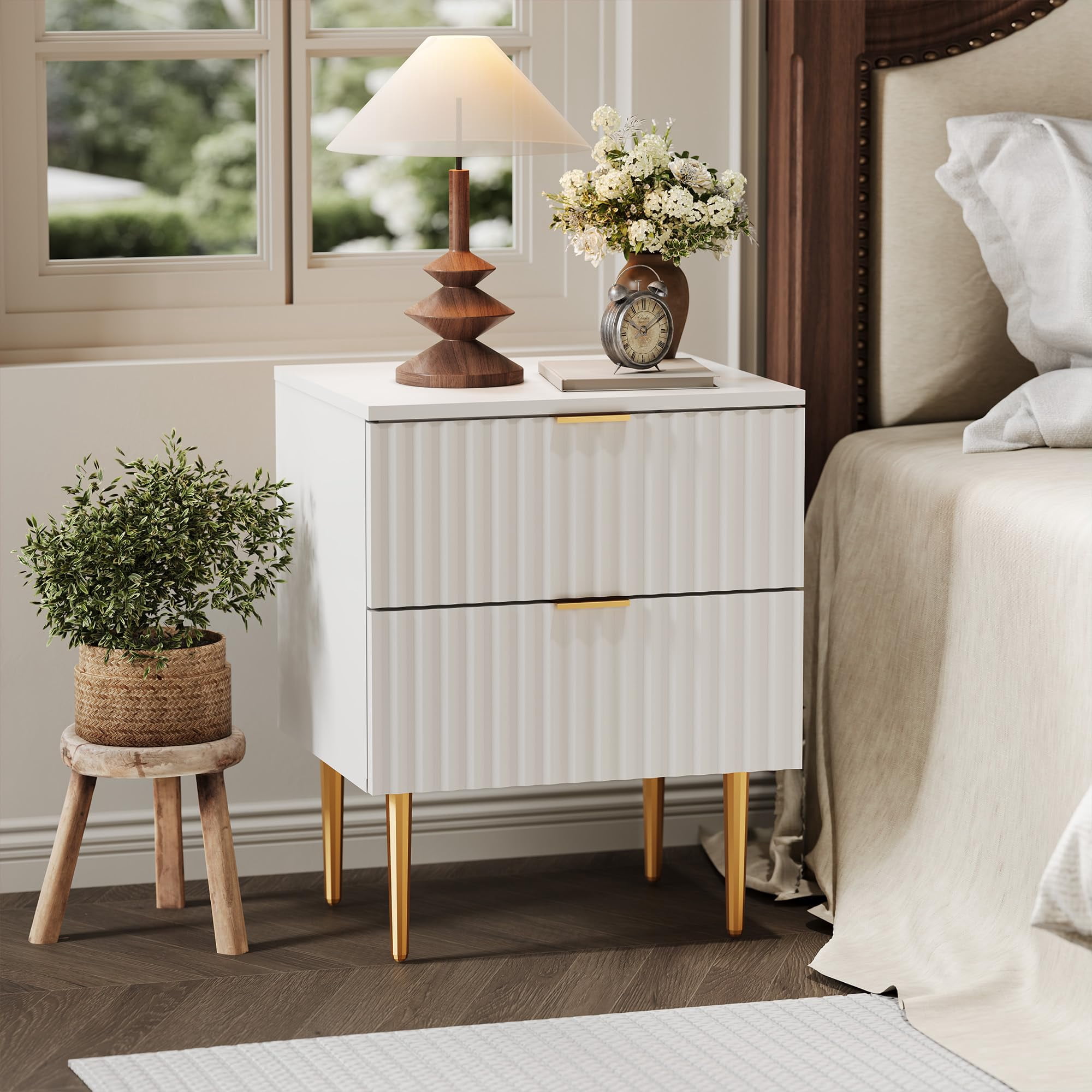 Juiluna Modern Fluted Nightstand with Charging Station & 2 Drawers ...