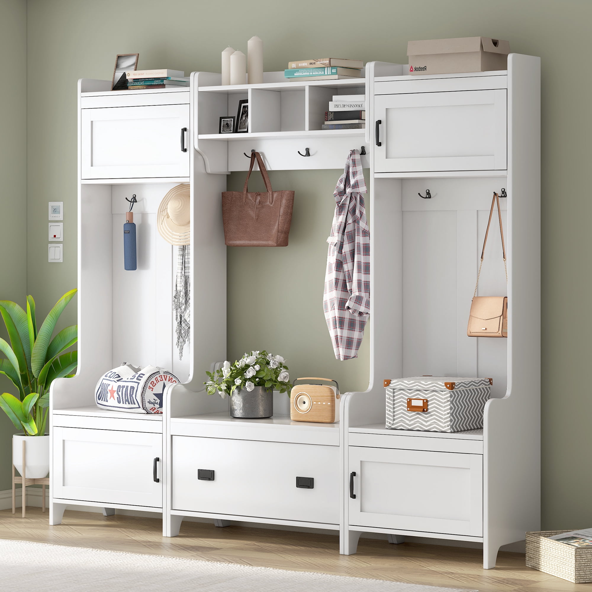 Juiluna Modern Style Hall Tree with Drawer Metal Hooks Easy Assembly ...