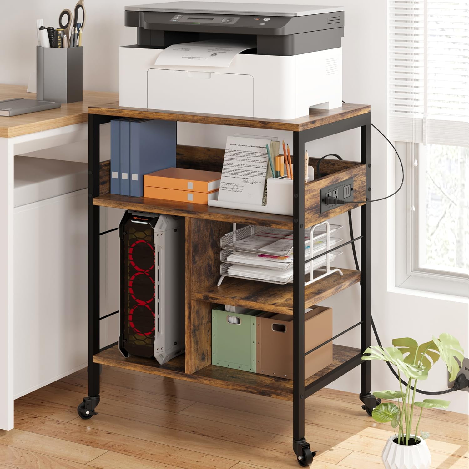 Whizmax Industrial Printer Cart 4 Tier Mobile Printer Stand End Table Rolling Cart with Power Outlets and USB Ports for Office Living Room Brown