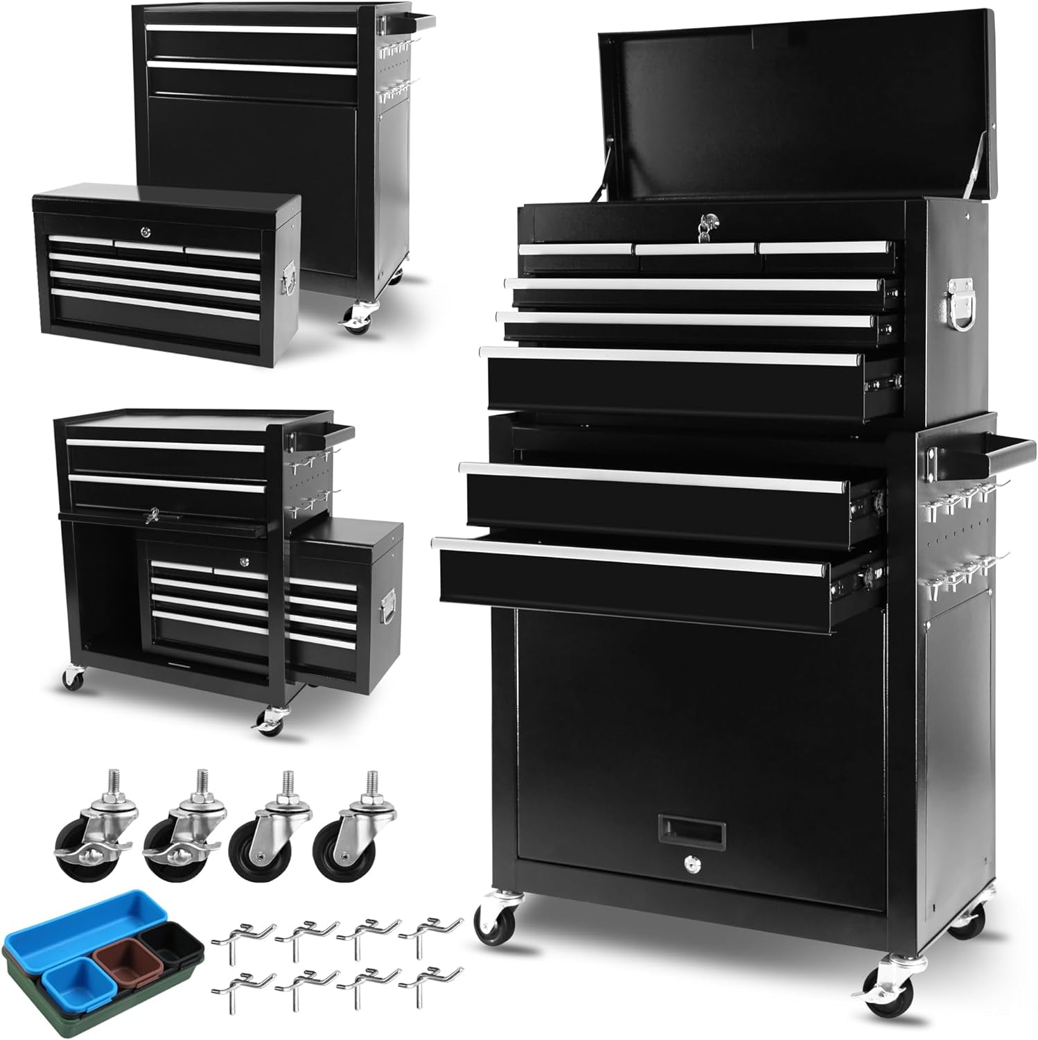 Juiluna Tool Chest, 8-Drawer Rolling Tool Storage Cabinet with Detachable Top, Tool Box with ...