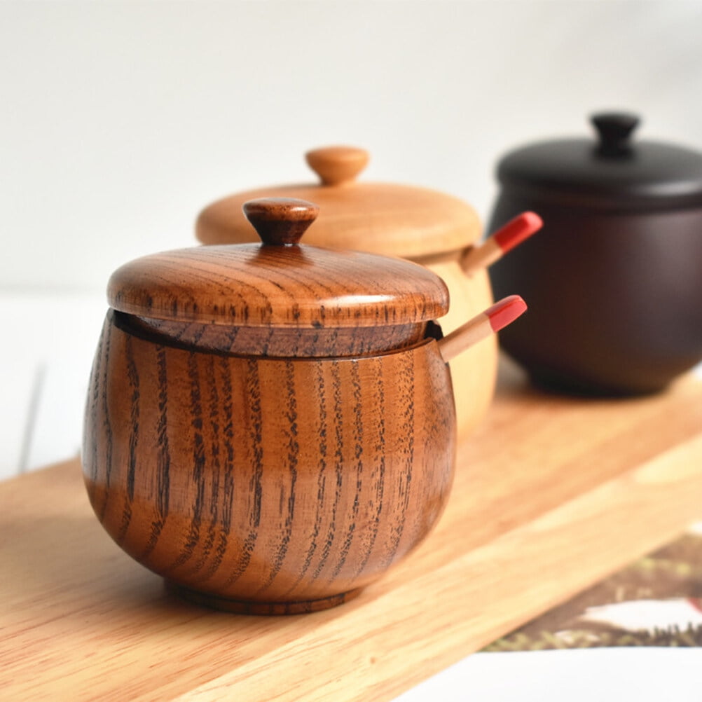 Jujube Wood Seasoning Jar with Lid Natural Salt Canister Kitchen Spice ...