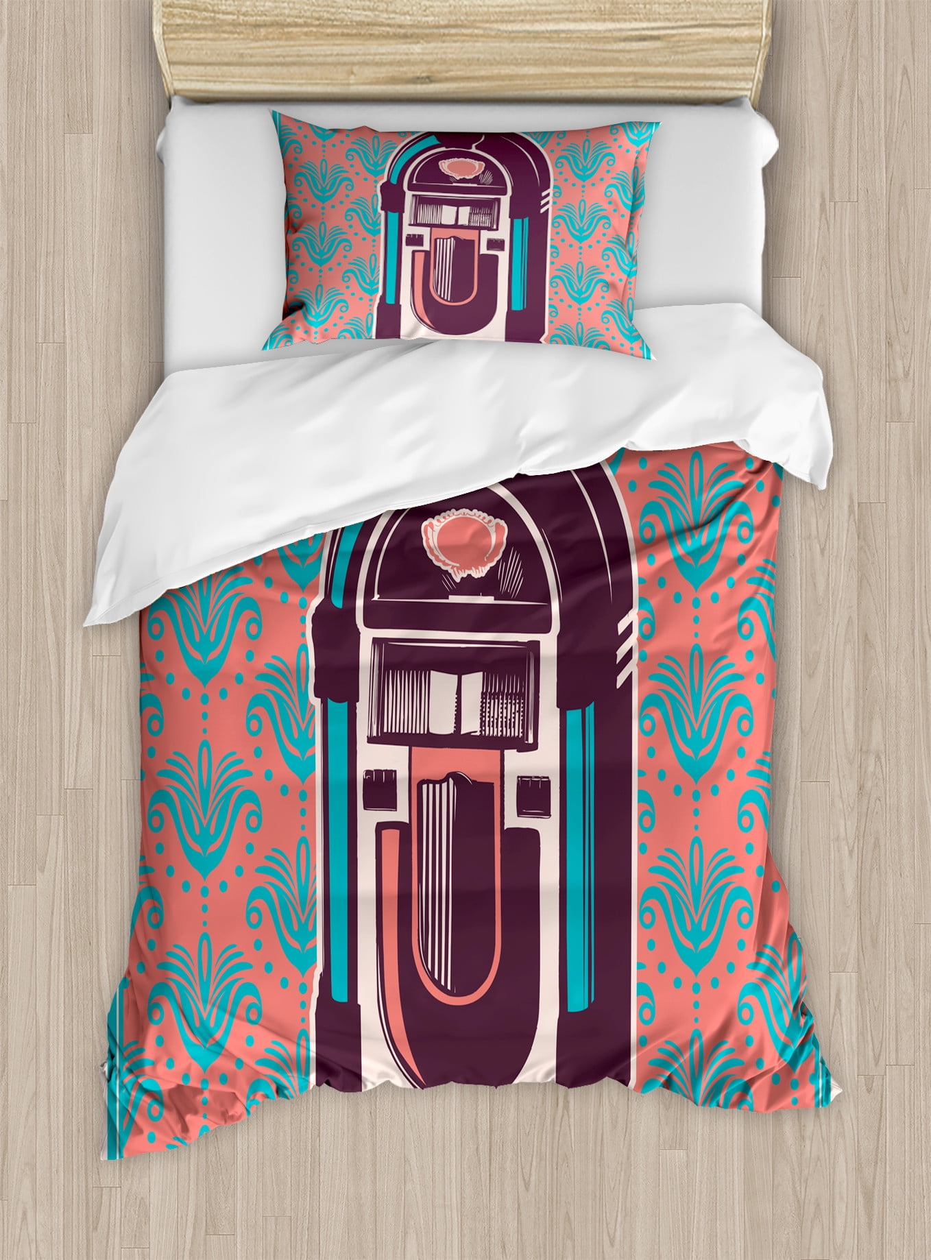 Jukebox Duvet Cover Set, Floral Paisley Inspired Backdrop with Music ...