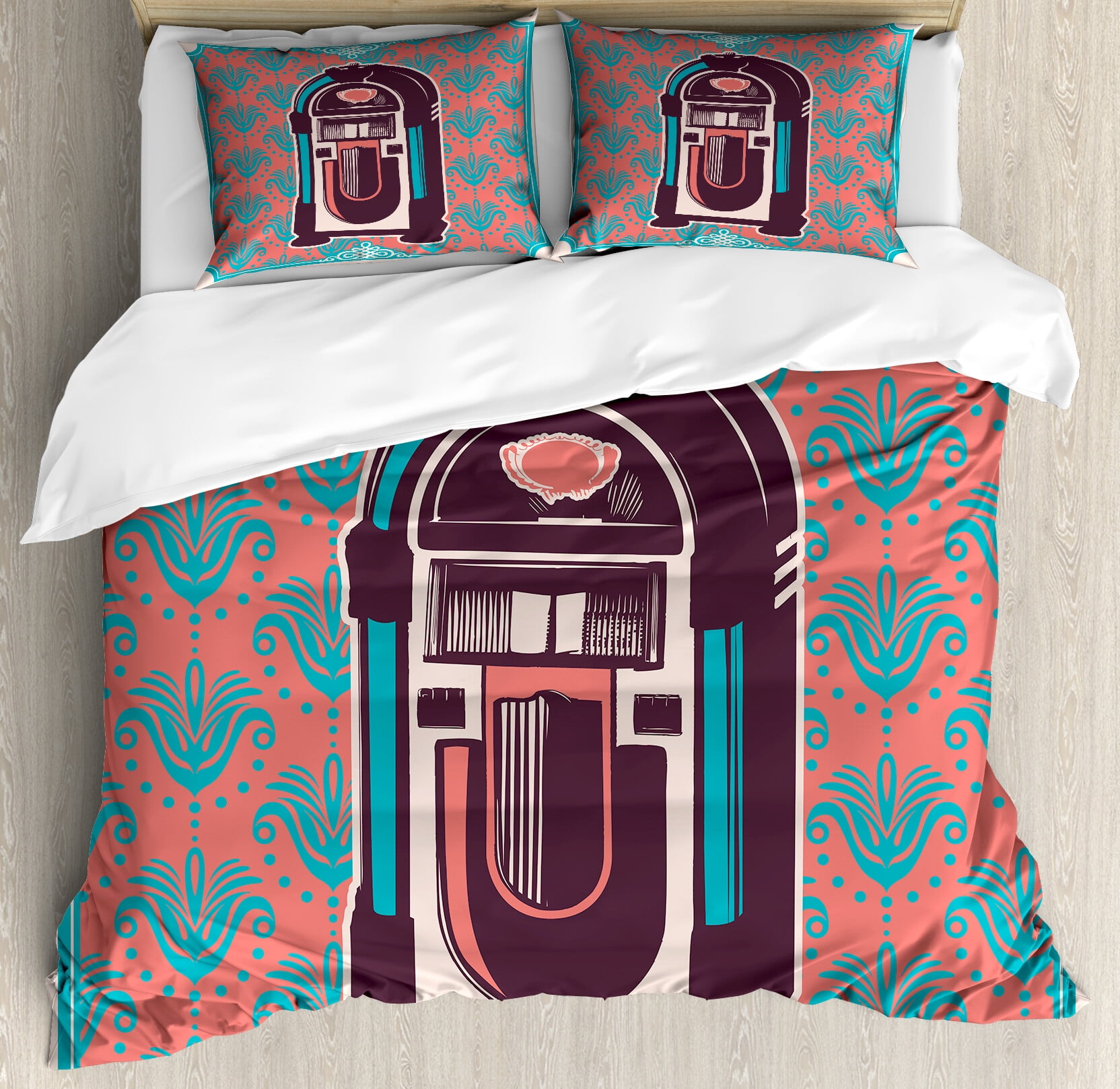 Jukebox Duvet Cover Set, Floral Paisley Inspired Backdrop with Music ...