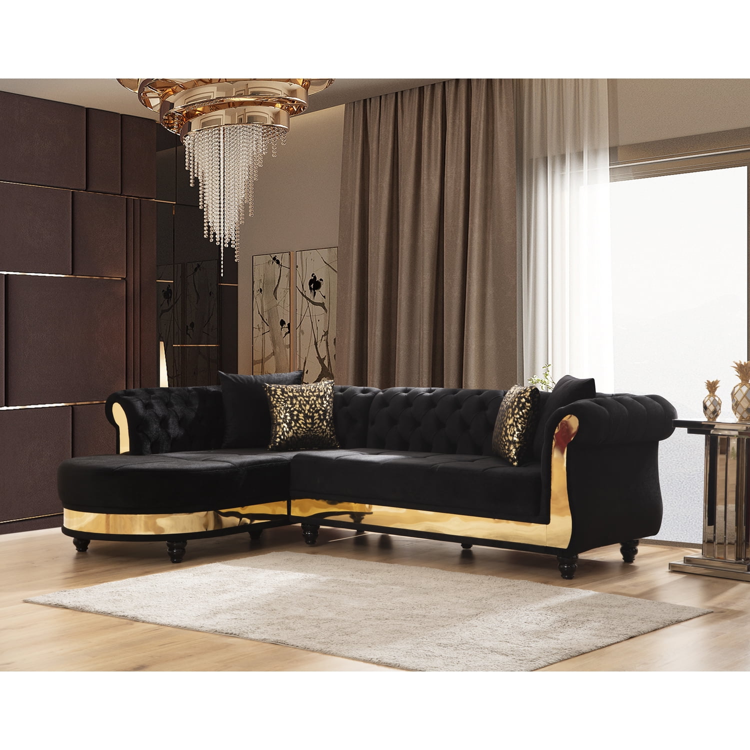 Julia Gold Detailed Tufted Upholstery Sectional made with Wood In Black ...