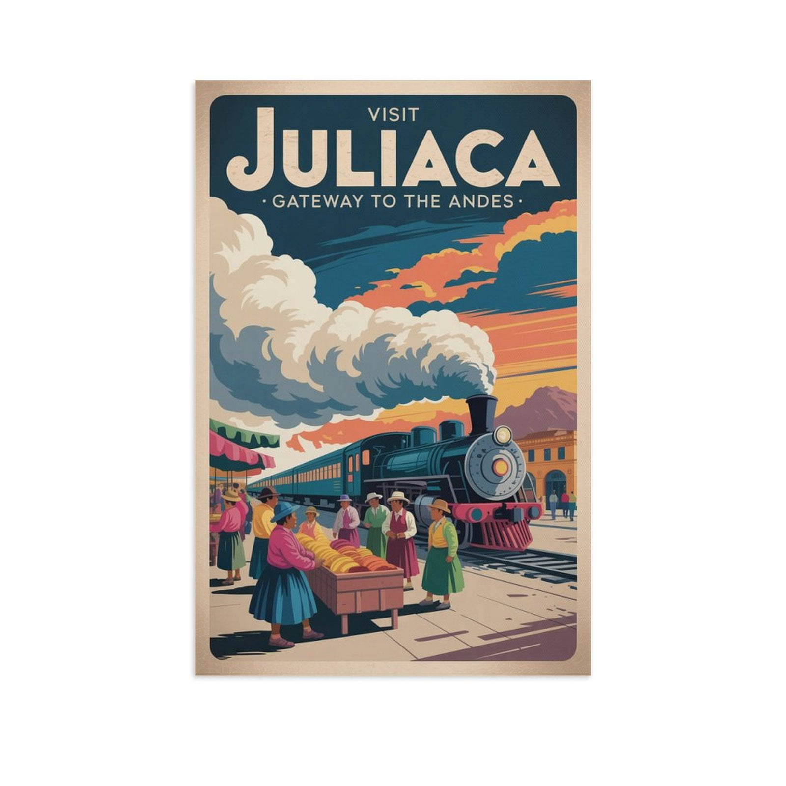 Juliaca Peru Vintage City Travel Poster with Highland Trains And Native ...