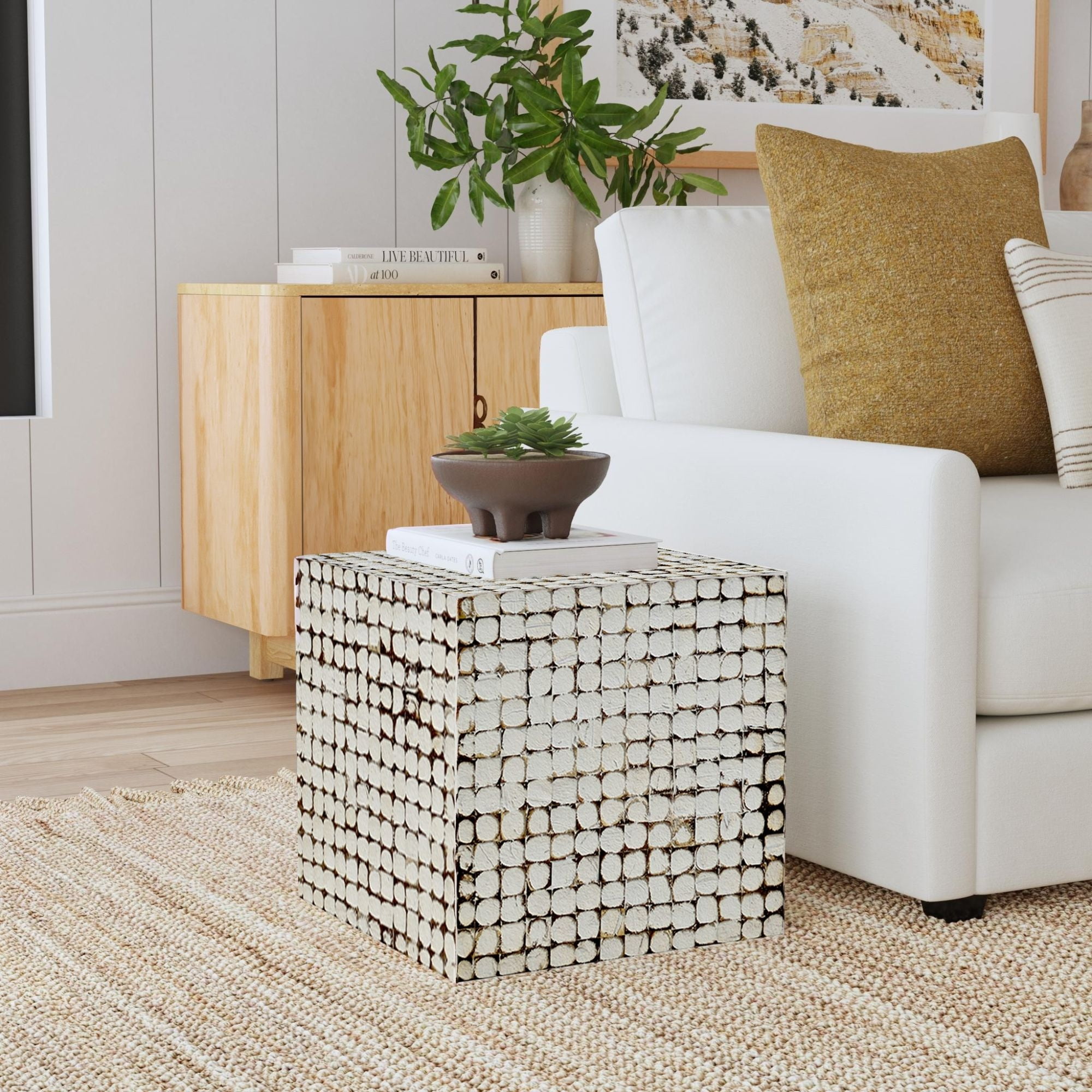 East at Main Juliette White Distressed Handmade Coconut Shell Cube ...