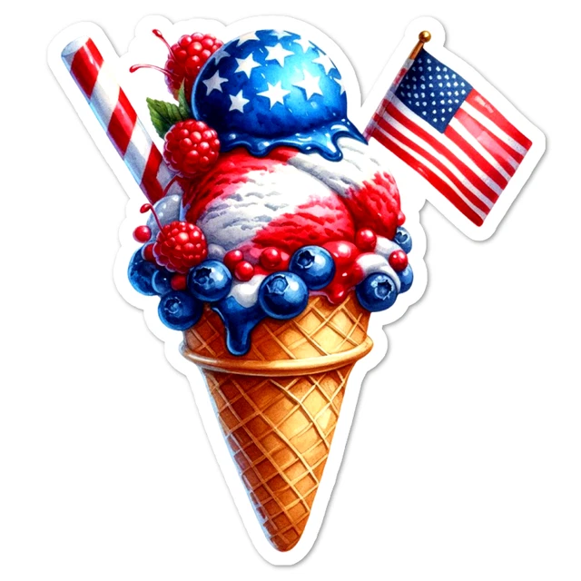 July 4 Ice Cream Cone Flag Sticker, Water Resistant, Laptop, Water ...