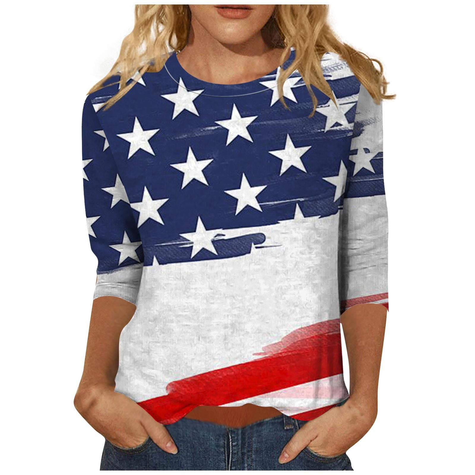 July 4th 3/4 Sleeve Shirts for Women American Flag Stars Stripes Shirts T-Shirt Cute Graphic ...