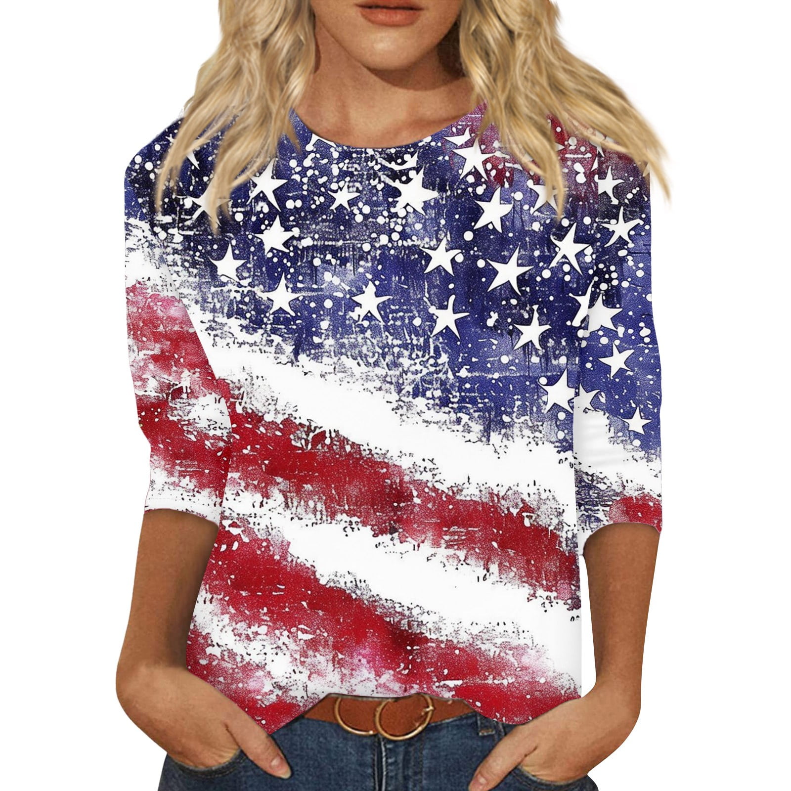 July 4th 3/4 Sleeve Shirts for Women American Flag Stars Stripes Shirts ...