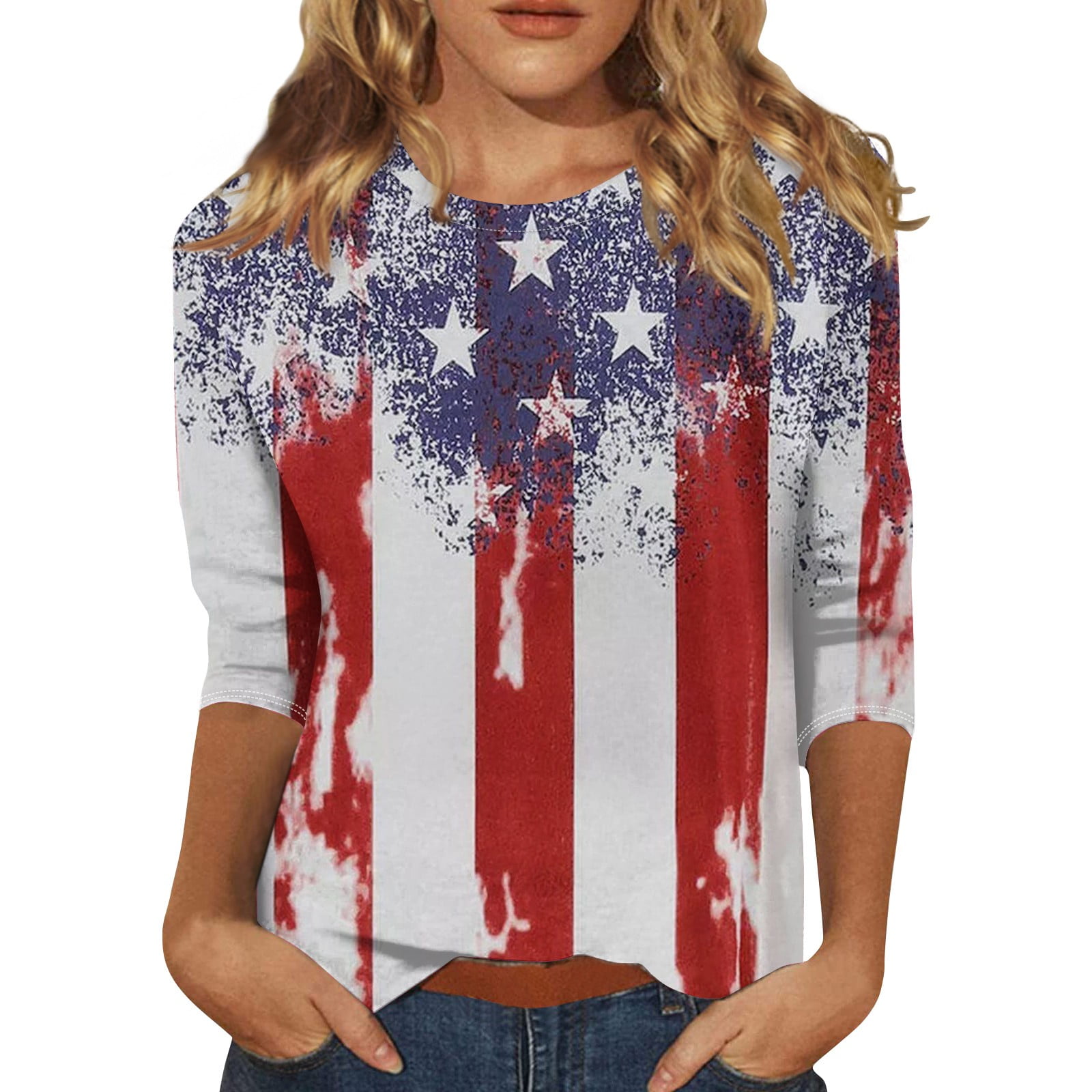 July 4th 3/4 Sleeve Shirts for Women American Flag Stars Stripes Shirts ...