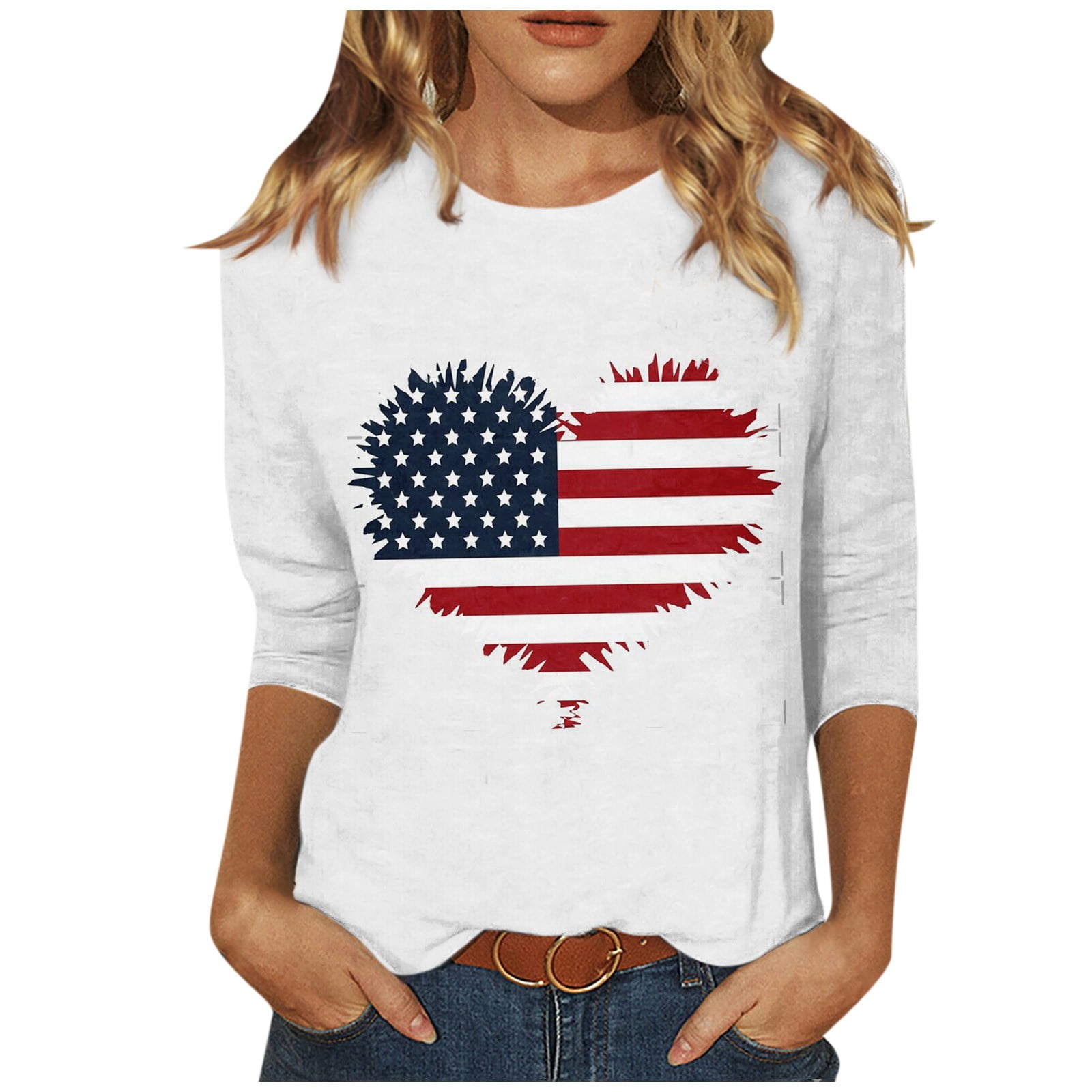 July 4th 3/4 Sleeve Shirts for Women American Flag Stars Stripes Shirts ...