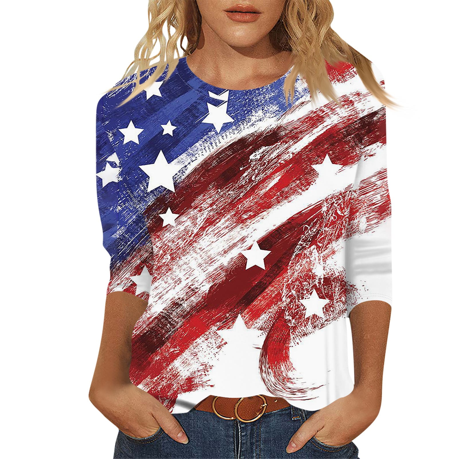July 4th 3/4 Sleeve Shirts for Women American Flag Stars Stripes Shirts ...