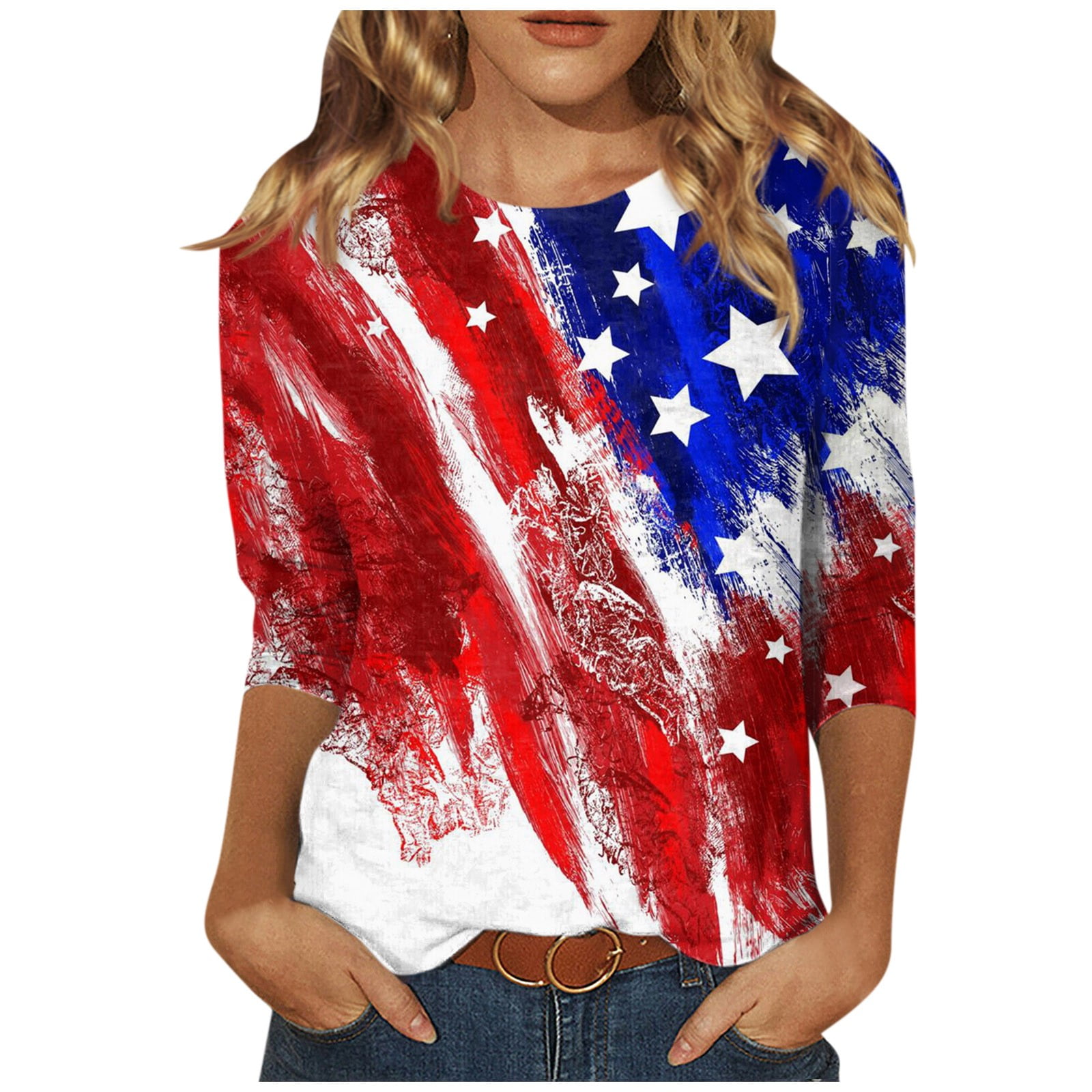 July 4th 3/4 Sleeve Shirts for Women American Flag Stars Stripes Shirts ...