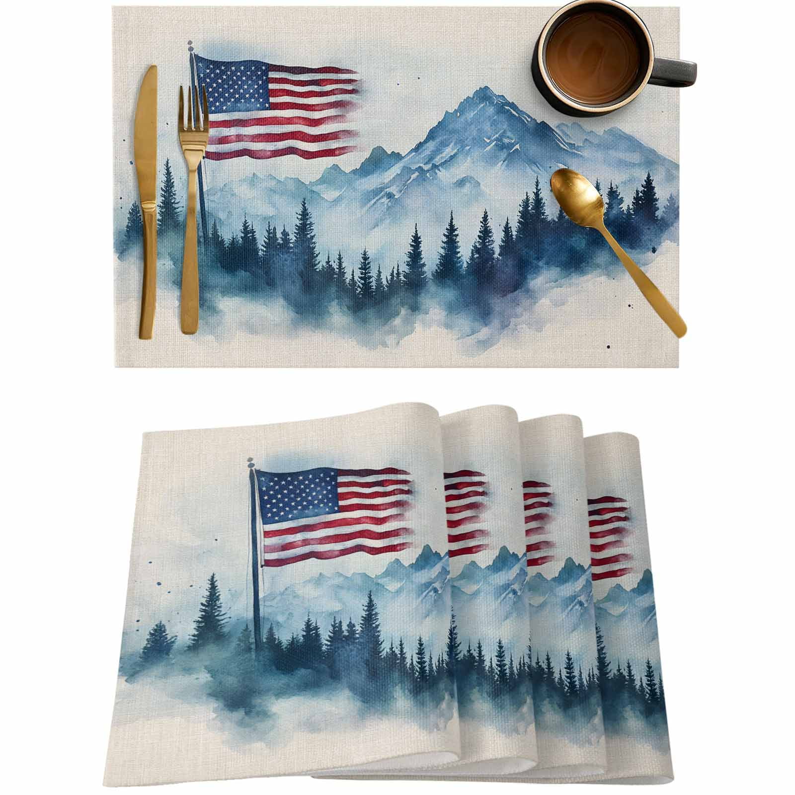July 4th American Flag Mountains Woods Placemats Set of 4,Wipeable ...