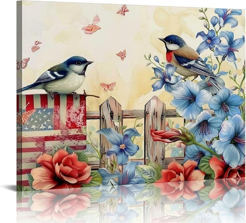 July 4th Canvas Wall Art Frame Wall Decor American Flag Flowers and ...