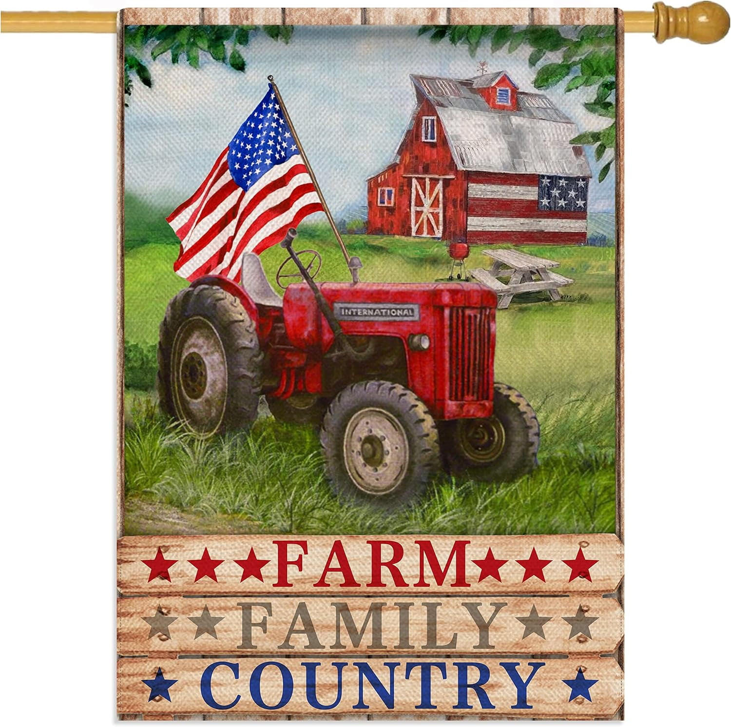 July 4th Farm Family Country Barn Tractor American Patriotic House Flag ...