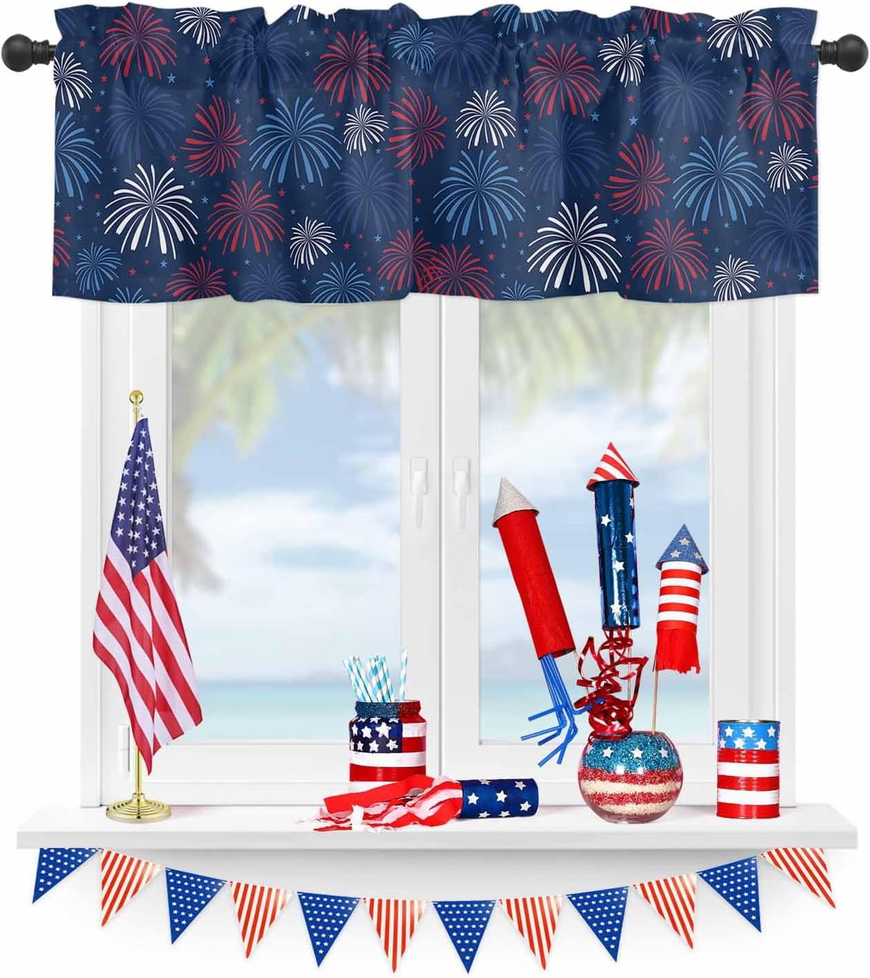 July 4th Fireworks Celebrate Americana Stars Curtains | 54" x 18" Rod ...
