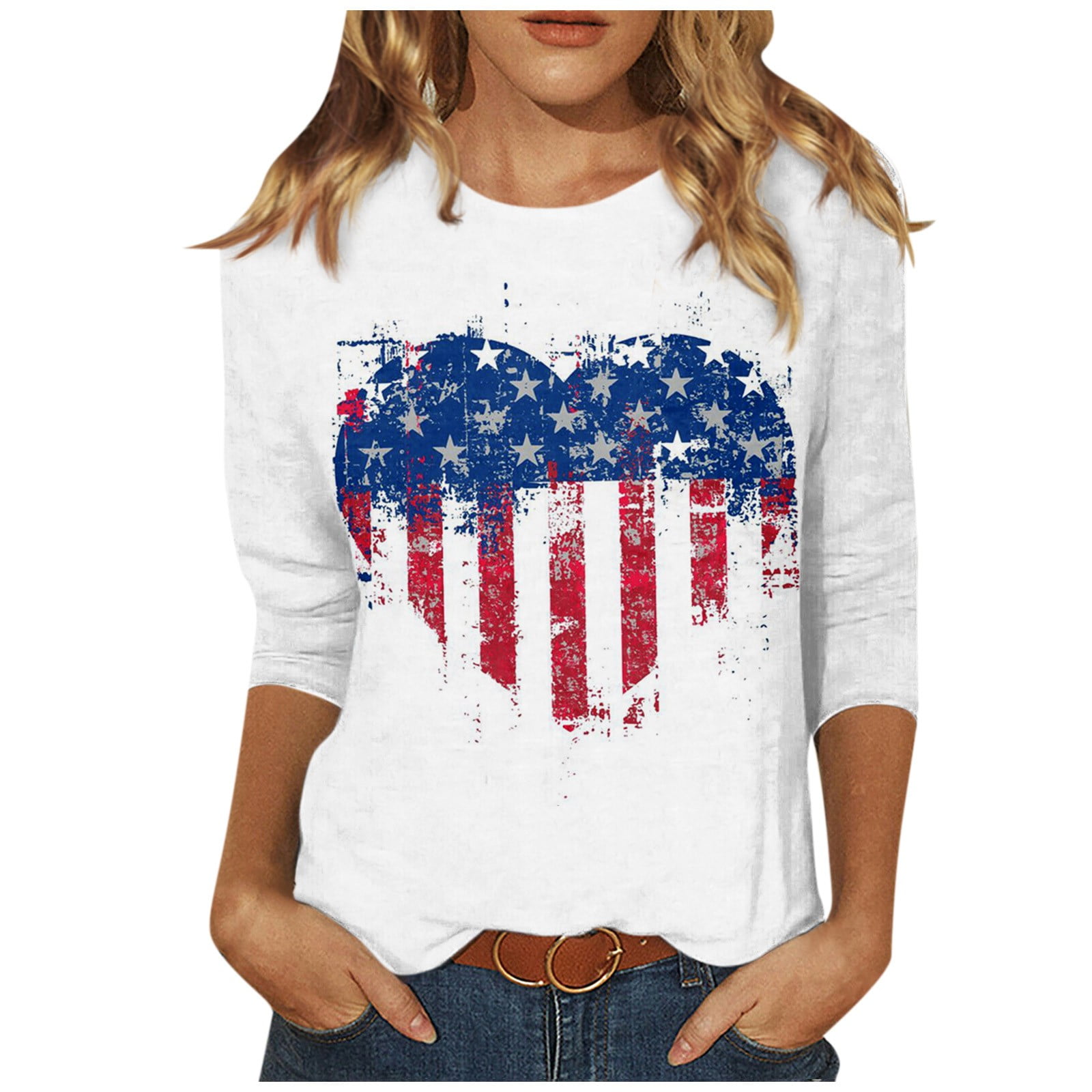July 4th T Shirts for Women Patriotic Shirt 4th of July 3/4 Sleeve Patriotic Shirt USA Stars ...