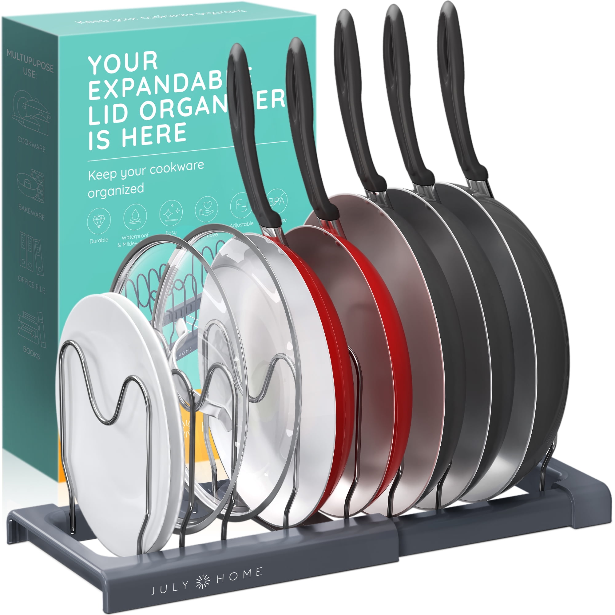 JULY HOME Kitchen Organiser: Expandable Pot, Pan & Lid Rack with 7 ...