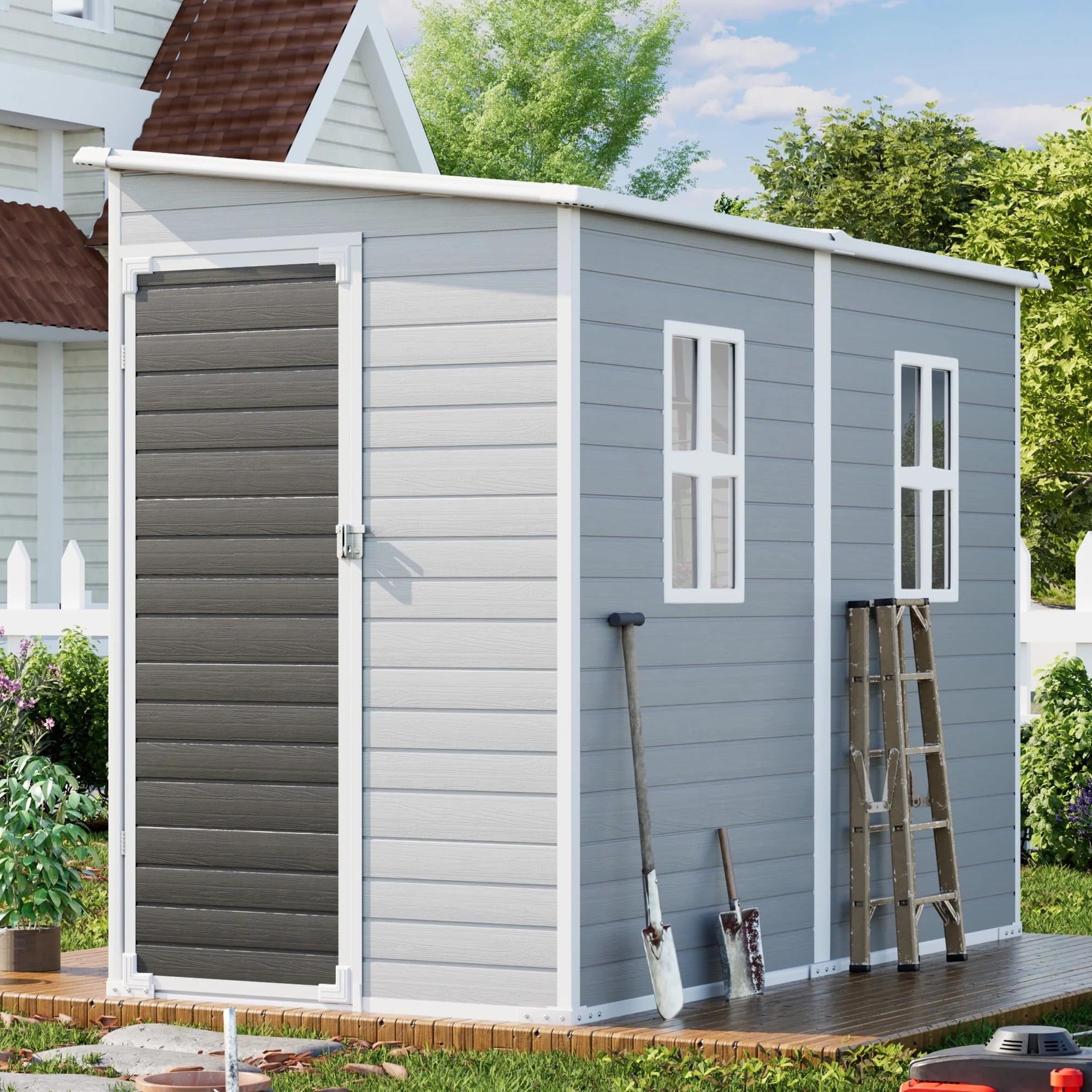 8x4 FT Resin Lean to Shed, Outdoor Plastic Storage Shed with Floor ...