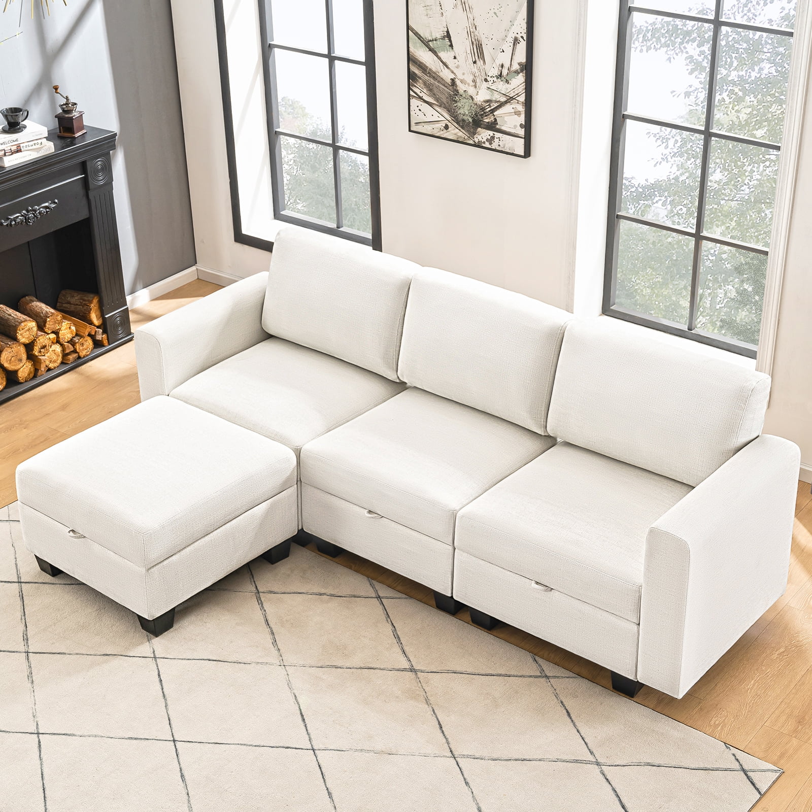 Sectional Sofa with Reversible Chaise, Modern Linen Upholstered Corner ...