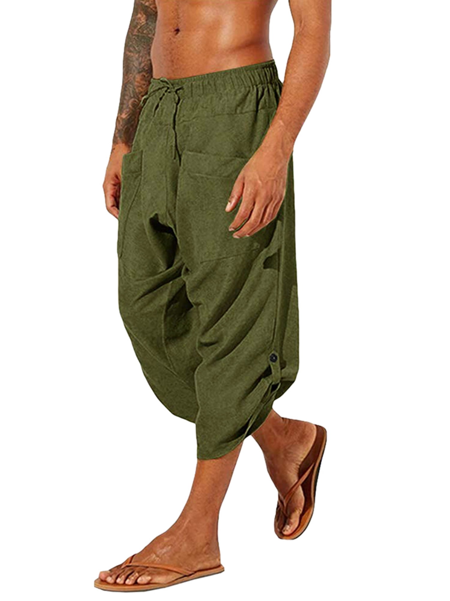 Julycc Men's Lightweight Cotton Linen Cropped Capri Pants Baggy ...