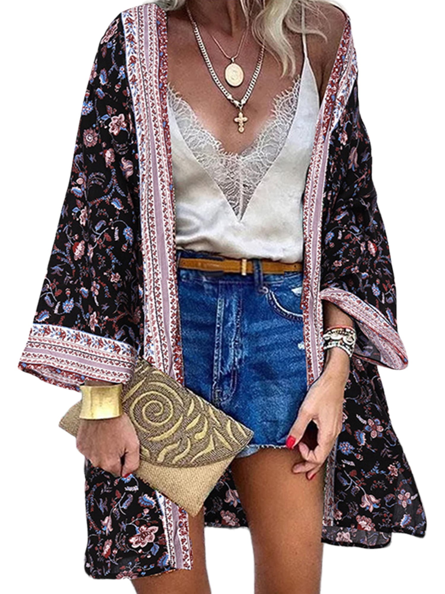 Julycc Plus Size Womens Floral Open Front Kimono Cardigan Boho Cover Up ...